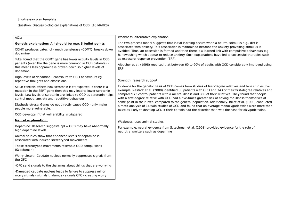 OCD Explanations: Biological Perspectives - Short Essay Plan Template ...