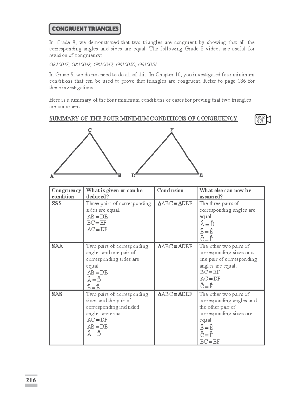Mindbourne G912 Congruency: Summary of Triangle Congruence Conditions ...