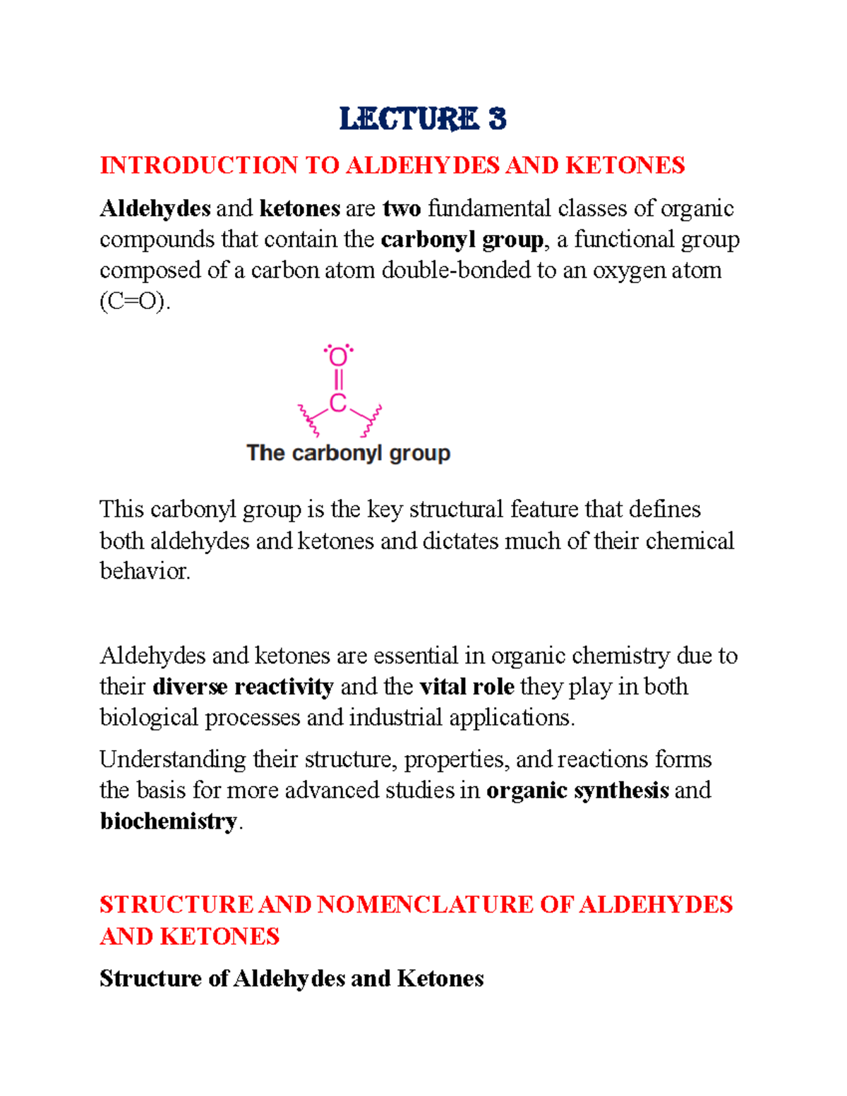 LECTURE 3: INTRODUCTION TO ALDEHYDES AND KETONES (CHEM 101) - Studocu
