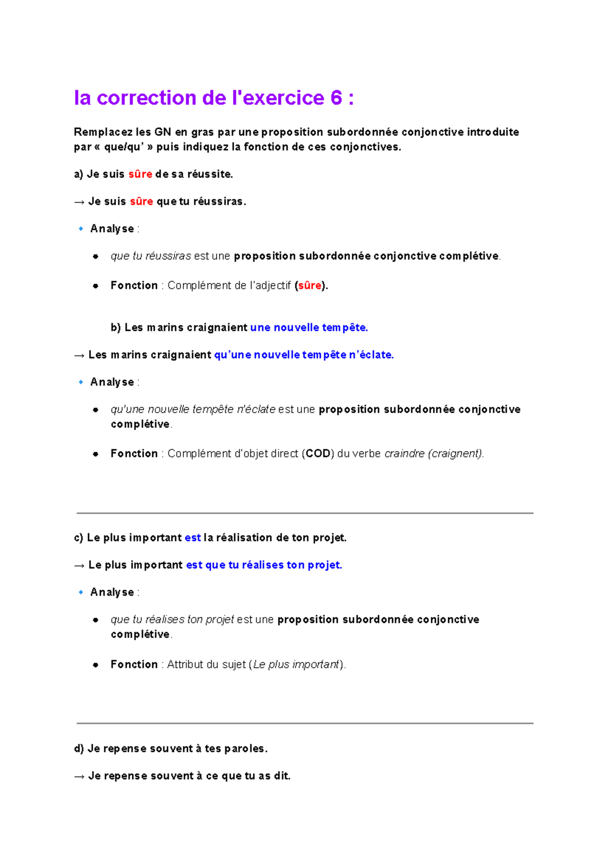 ADEL Exercices : Correction des Propositions Subordonnées Conjonctives - Studocu