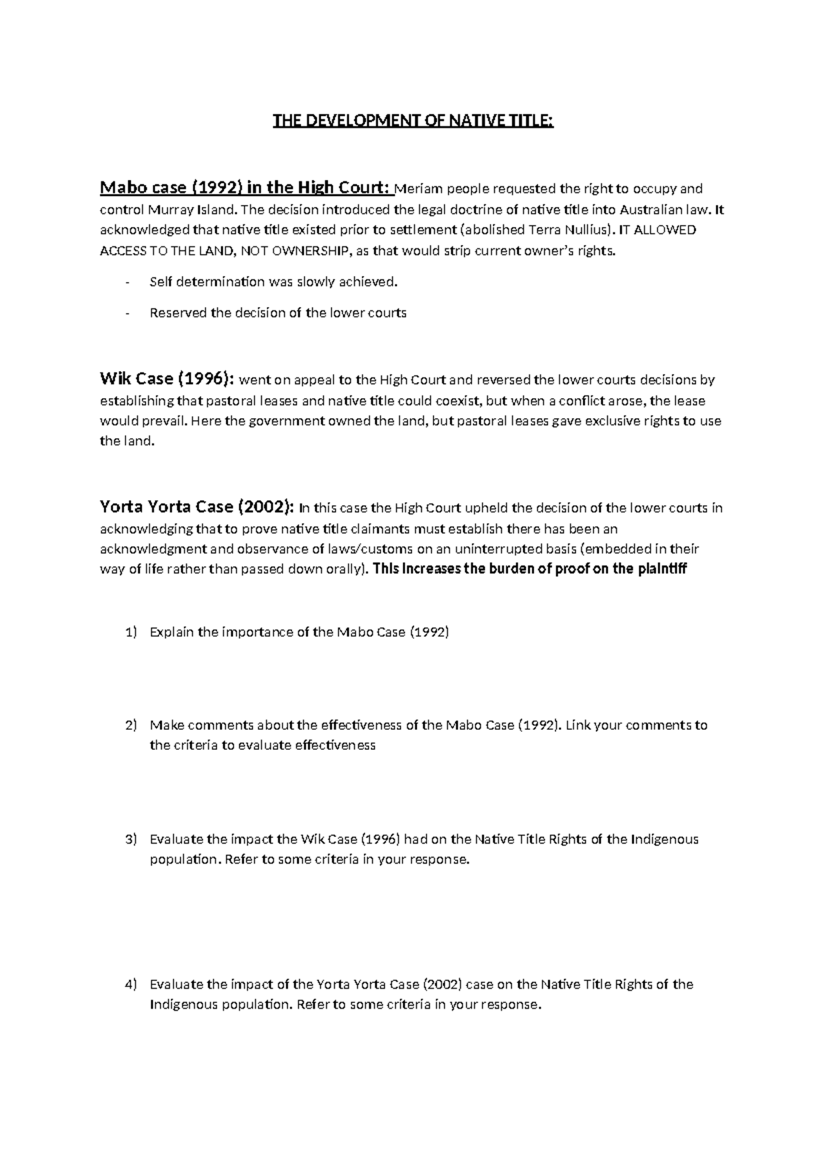 Native Title Case Summary: Mabo, Wik, and Yorta Yorta Evaluations - Studocu