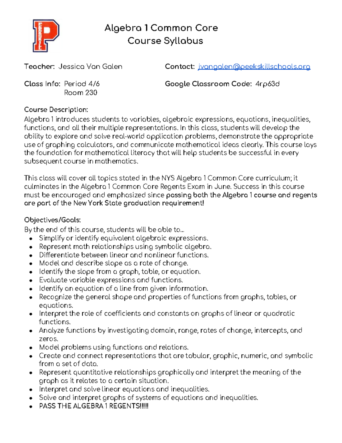 Algebra 1 Common Core Syllabus - Course Overview & Expectations - Studocu