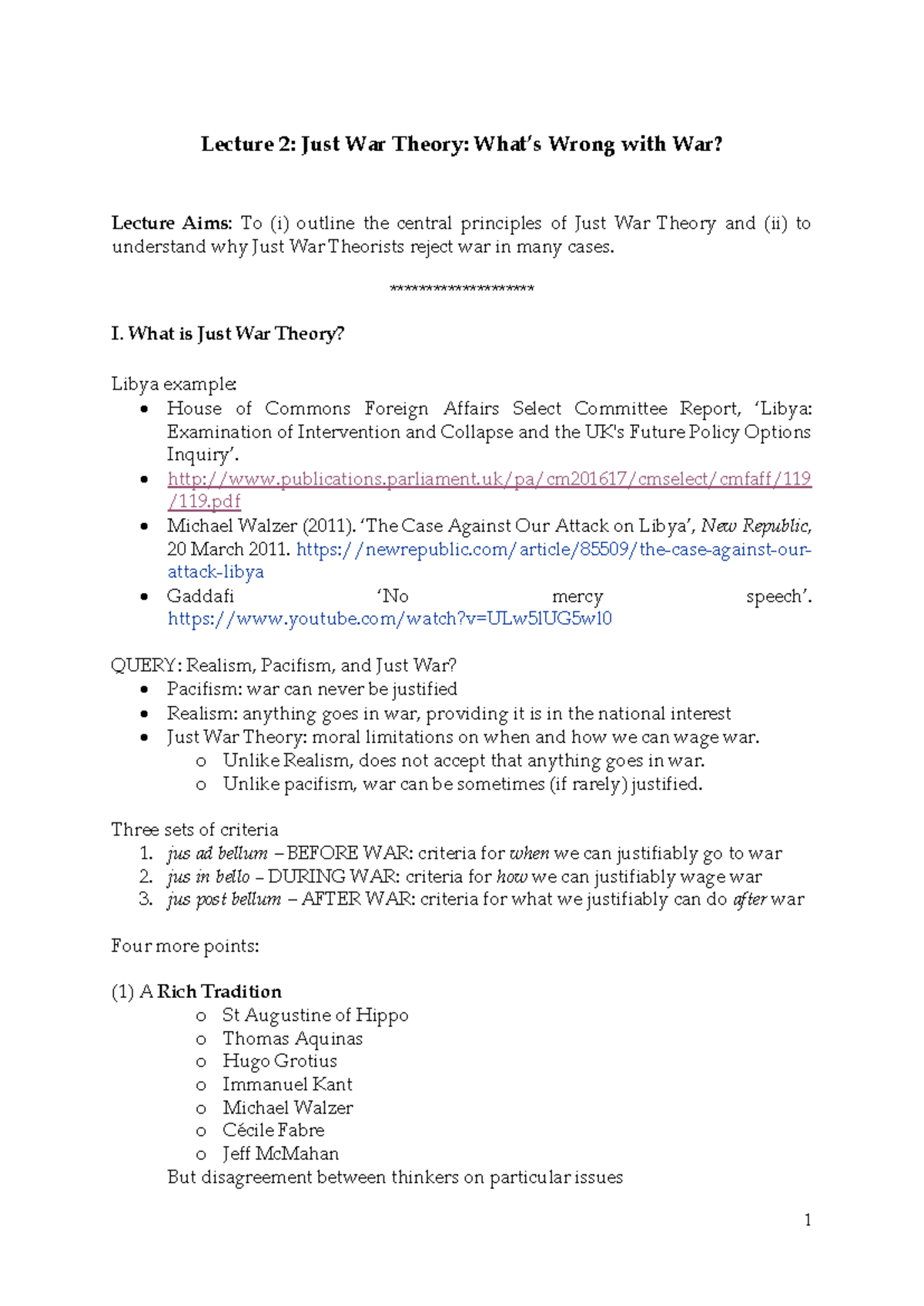 Lecture 2: Just War Theory - Principles and Critiques (2025 Handout ...