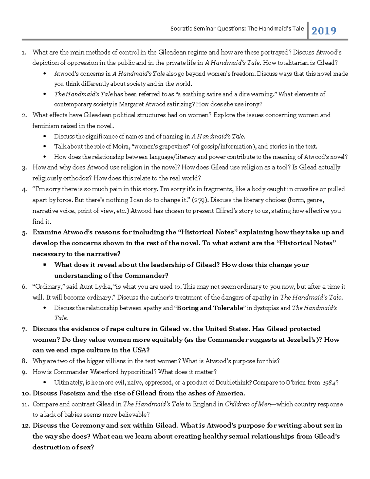 The Handmaid's Tale Discussion Questions for Socratic Seminar - Studocu