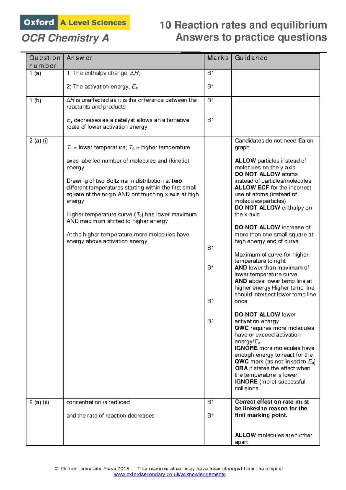 18 Rates of Reactions Questions & Answers - OCR Chemistry A - Studocu