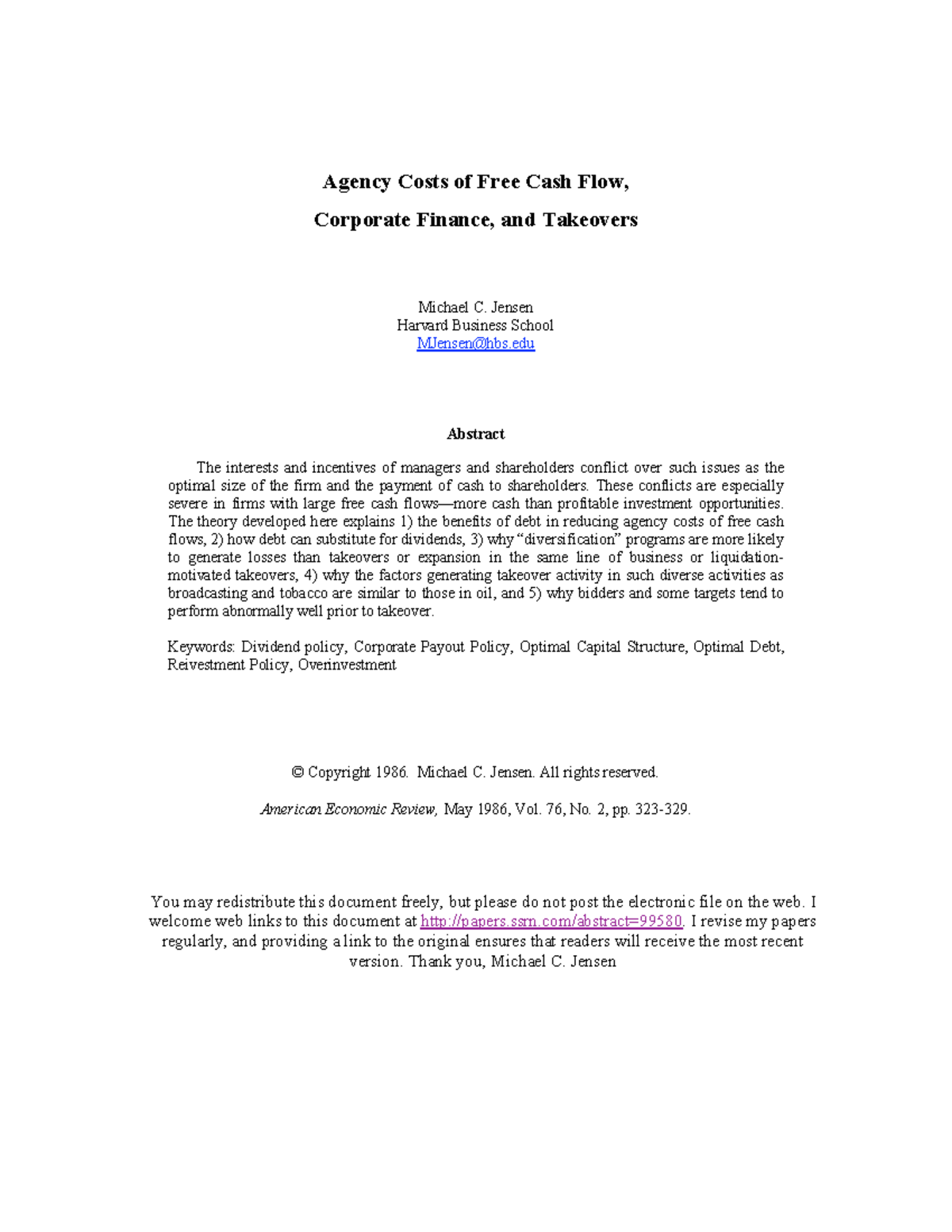 Agency Costs of Free Cash Flow and Corporate Finance: A Study - Studocu