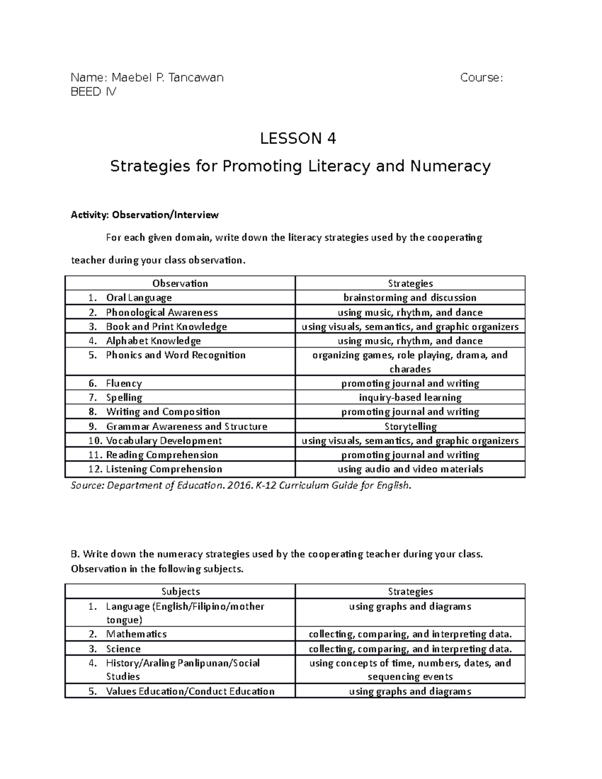 BEED IV Lesson 4: Strategies for Enhancing Literacy & Numeracy - Studocu