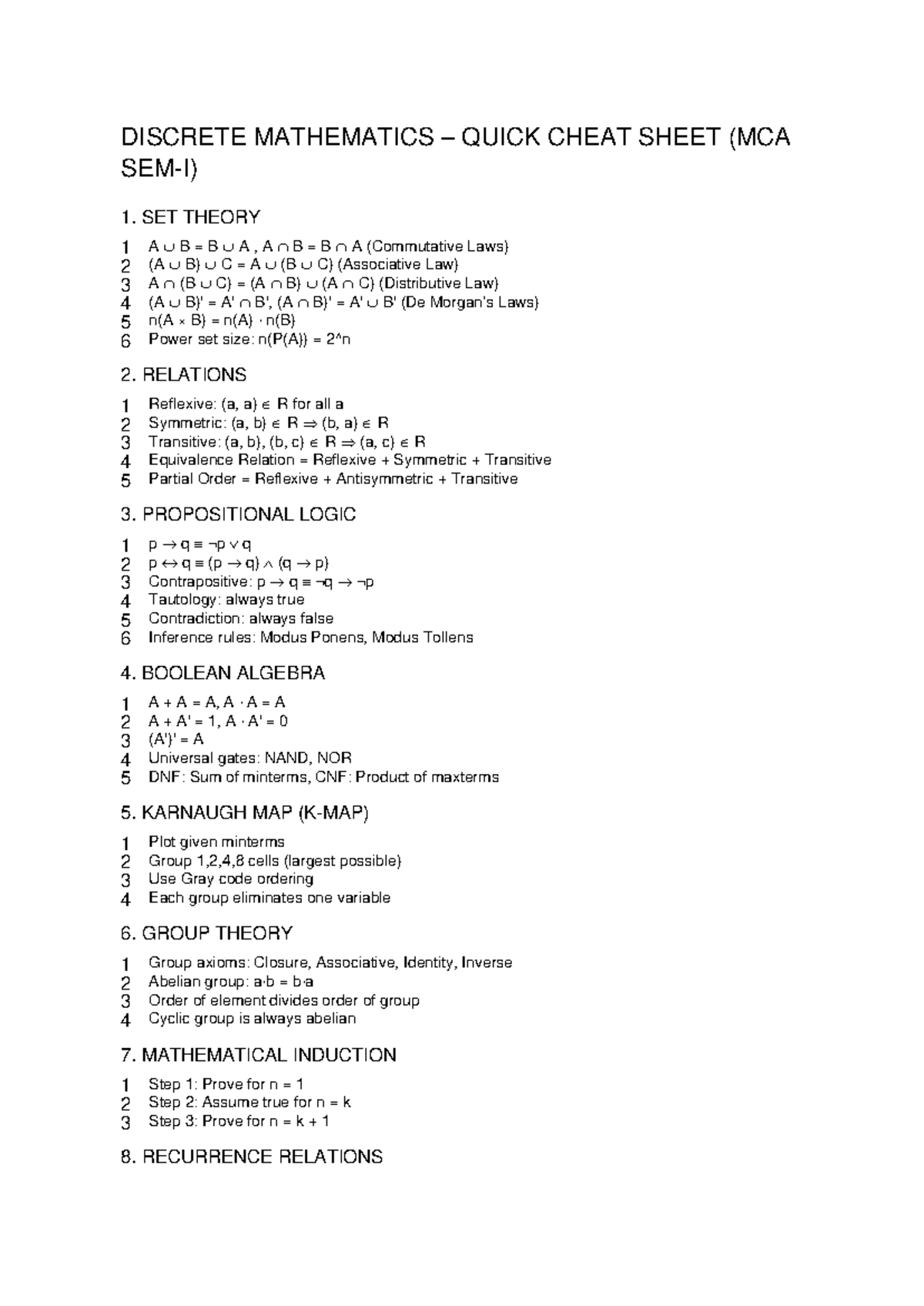 Discrete Mathematics Quick Cheat Sheet (MCA SEM I) - Studocu