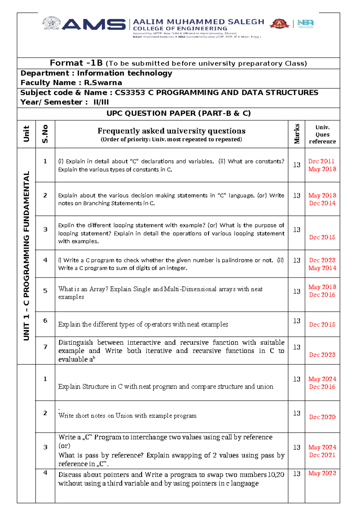 CS3353 C Programming and Data Structures Exam Questions - Studocu