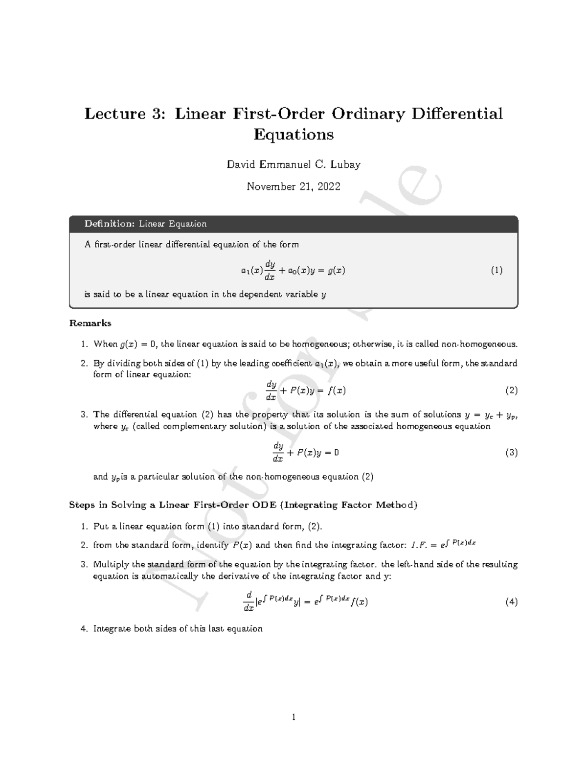 Lecture 3 - Not for Sale Lecture 3: Linear First-Order Ordinary Differential Equations David ...