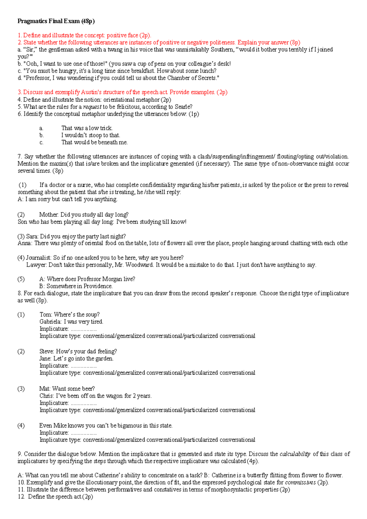 Pragmatics Final Exam (314990018) - Comprehensive Study Guide - Studocu