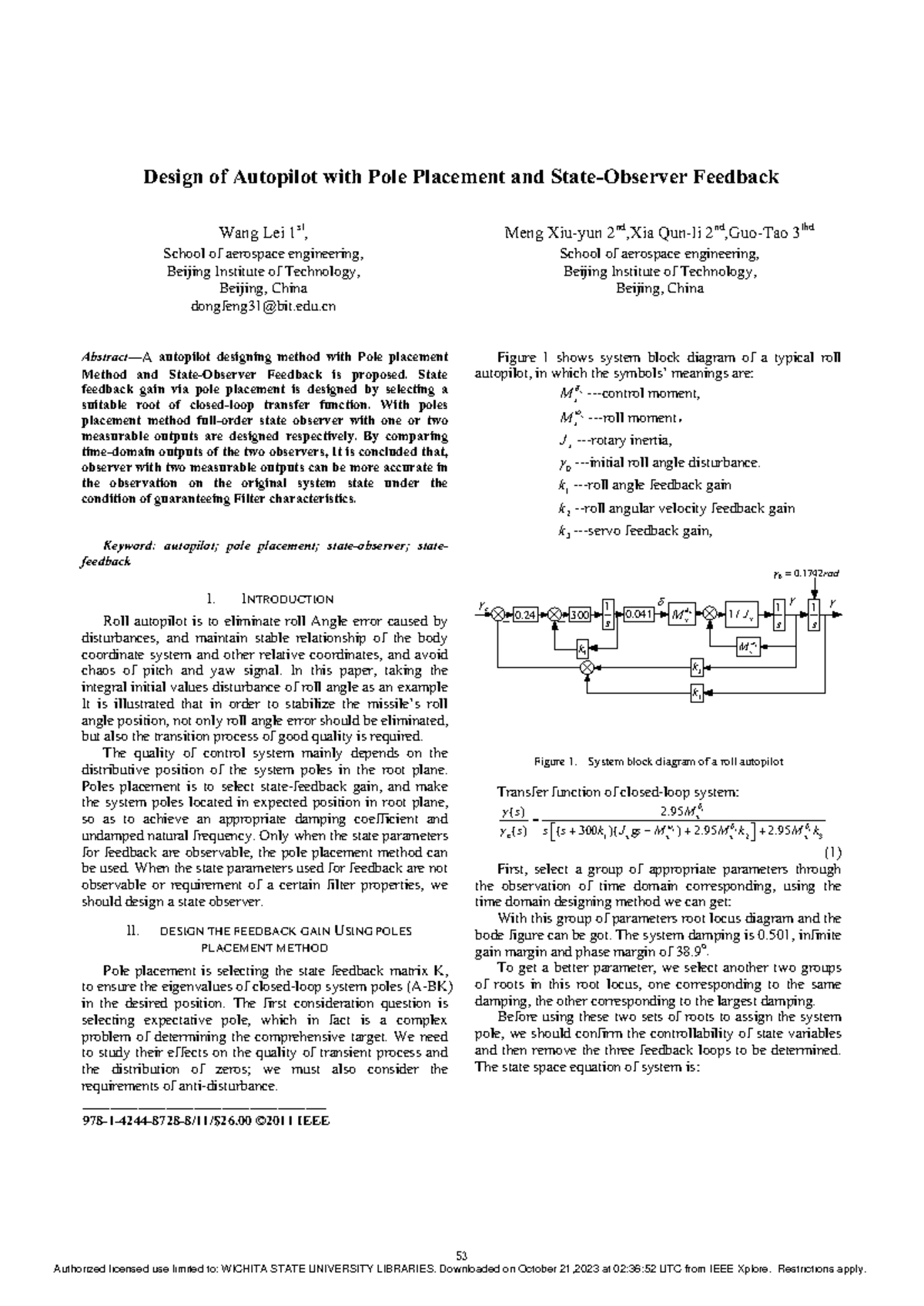 Design of autopilot with Pole placement and State-Observer Feedback ...