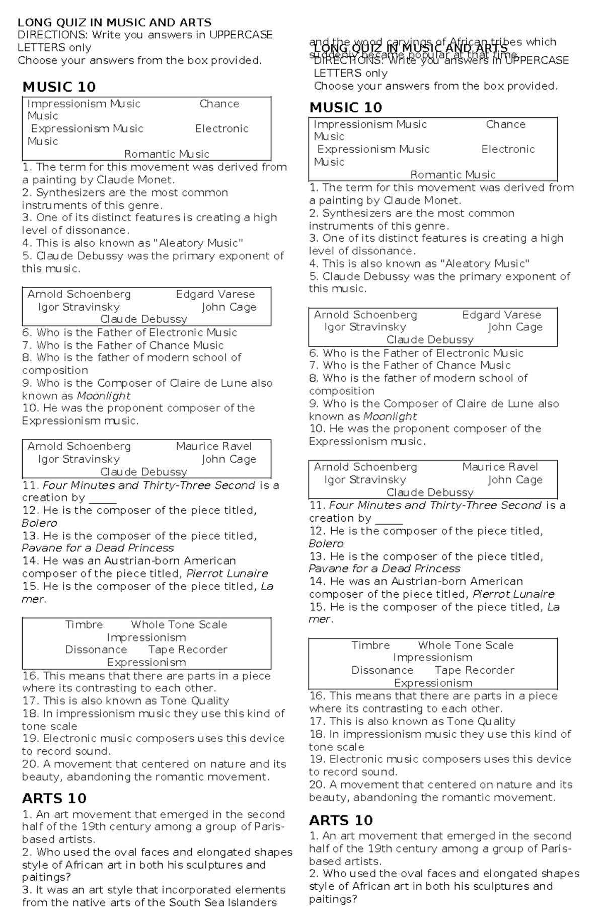Long Quiz on Music and Arts (MUSIC 10 & ARTS 10) - Studocu