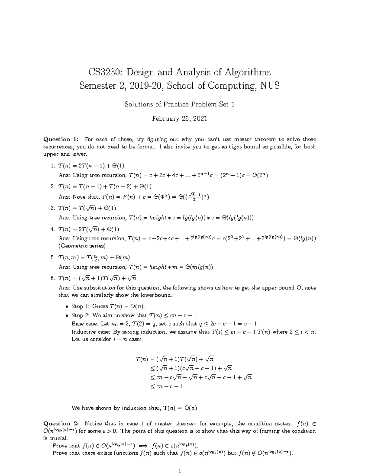 Solutions practice set 1 - CS3230: Design and Analysis of Algorithms Semester 2, 2019-20, School ...