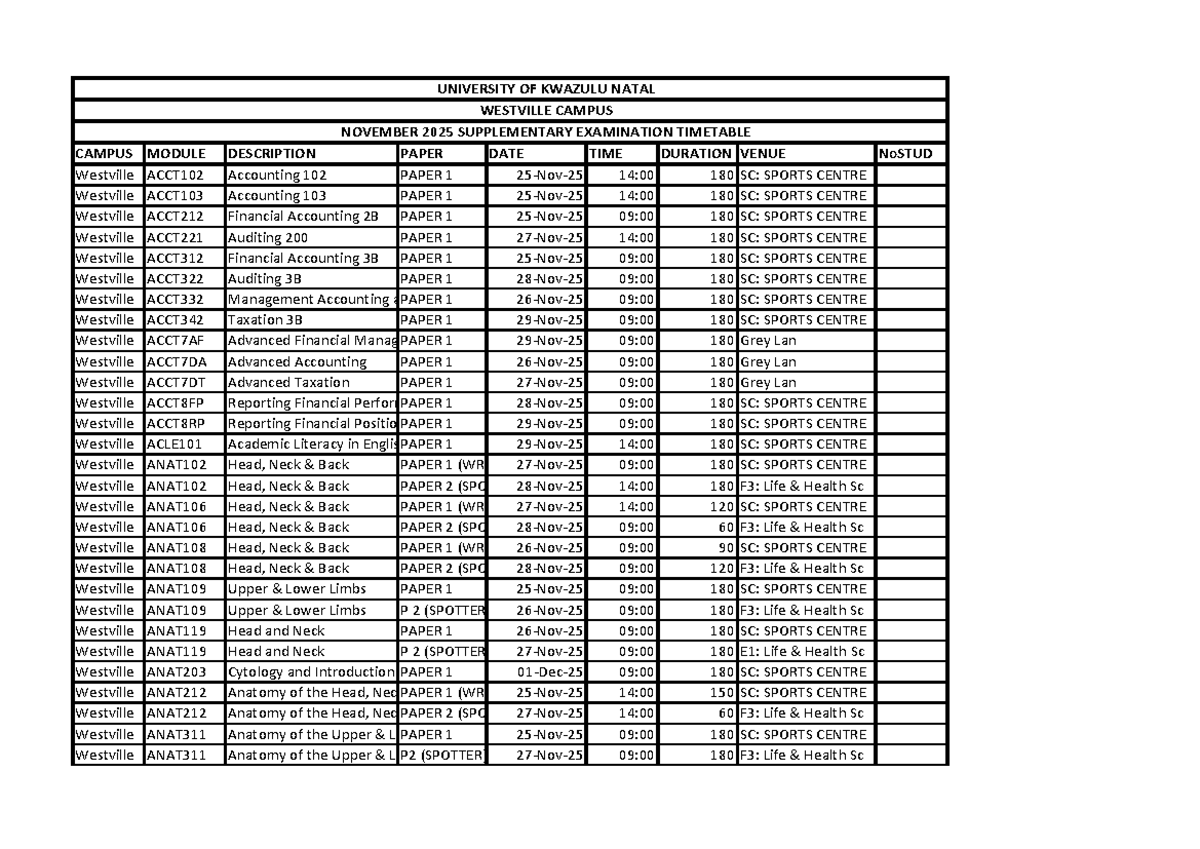 WV NOV 2025 SUPP - Exam Timetable for ACCT & ANAT Courses - Studocu