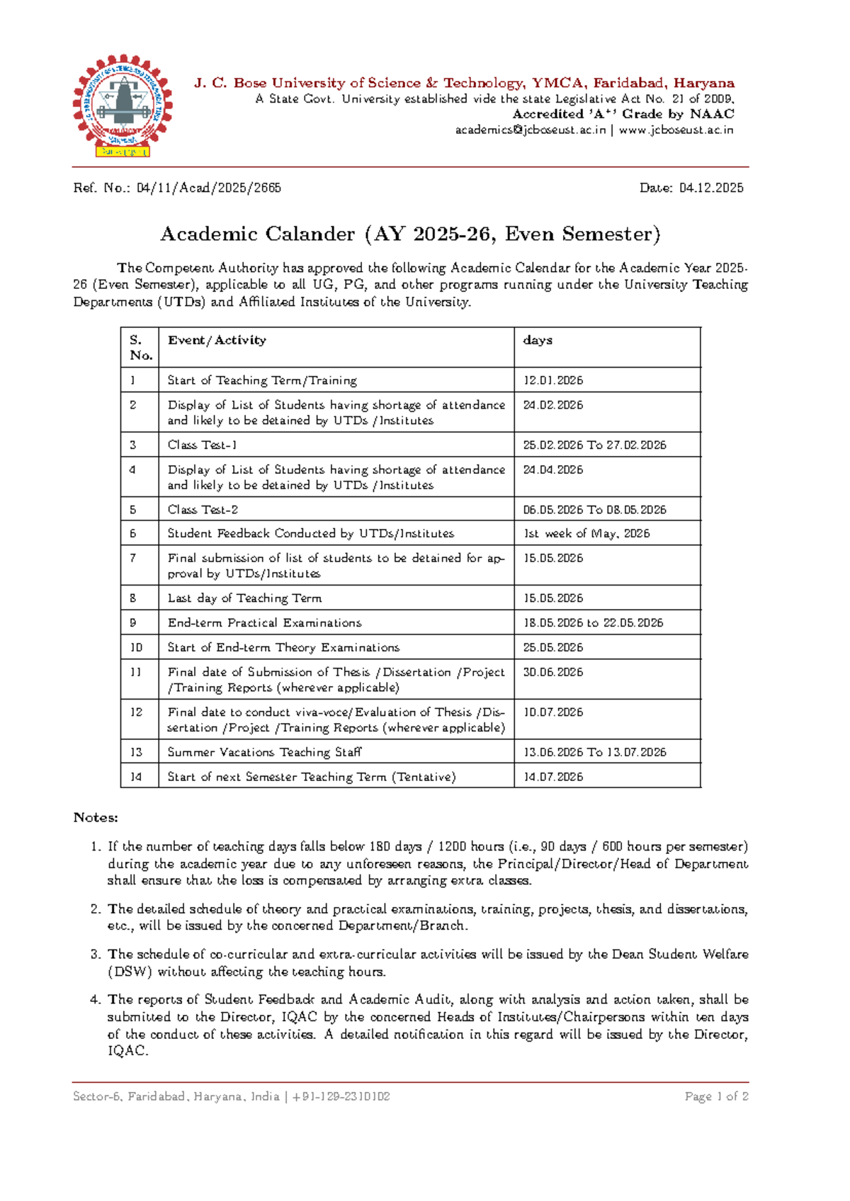 Academic Calendar AY 2025-26 (Even Sem) Jan to June 2026 - Studocu