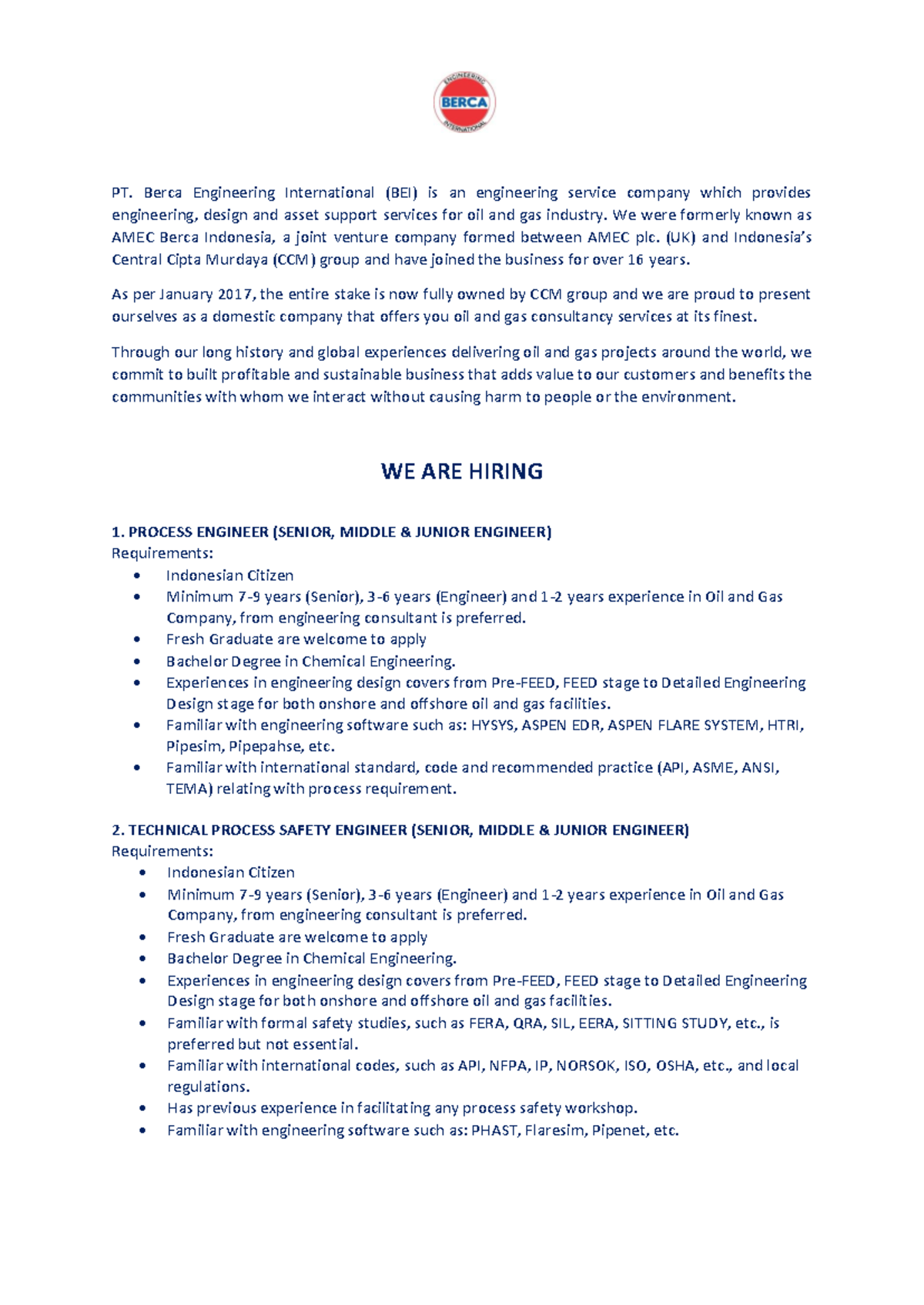Job Openings at PT. Berca Engineering International (BEI) - Studocu
