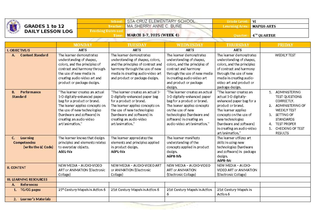 MAPEH 6 Lesson Plan: 3D Product Design & New Media Art (Week 4) - Studocu