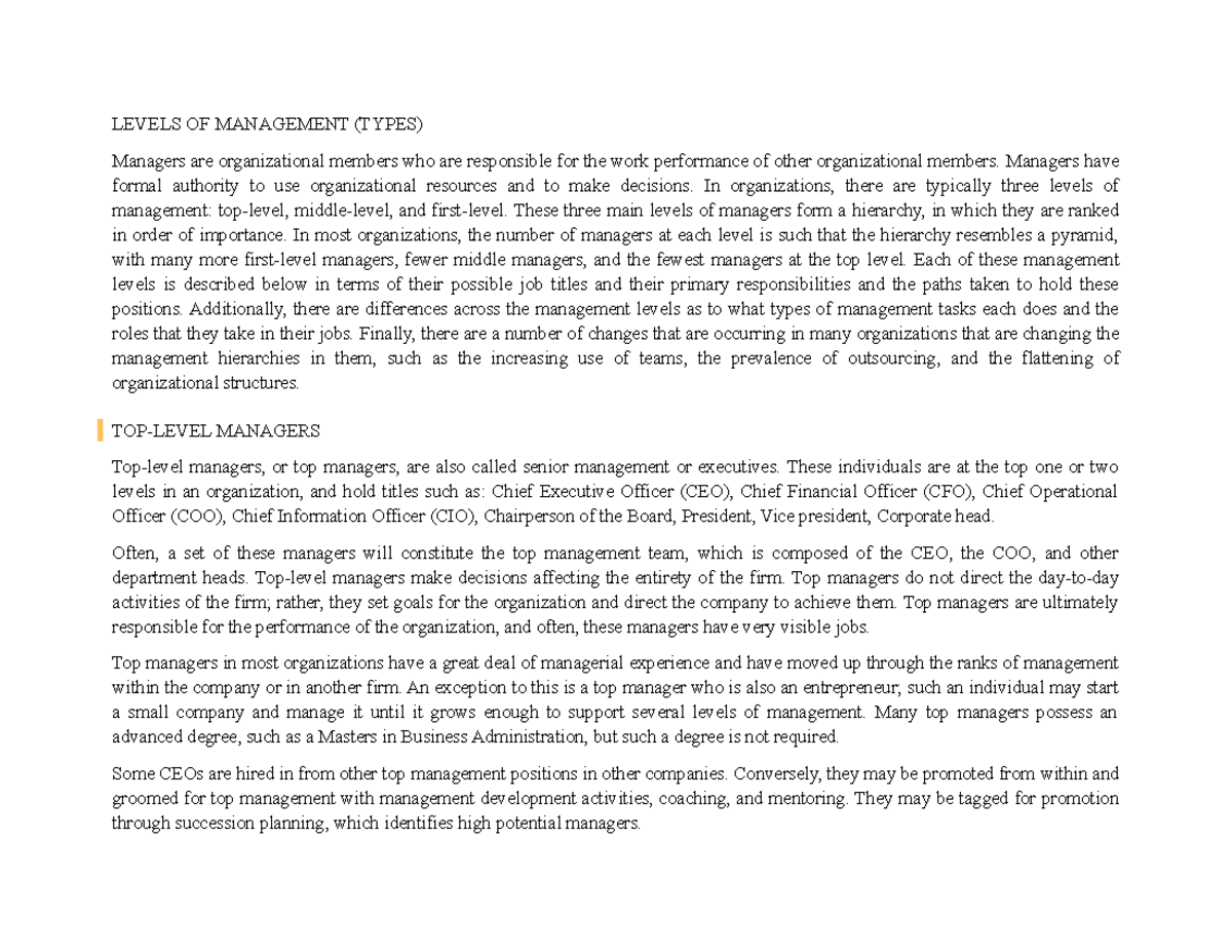 Levels of Management - Lecture Notes (Ch. 3-6) - Studocu