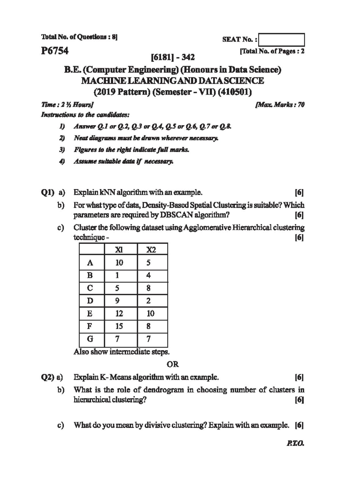 Endsem QP: Machine Learning & Data Science (410501) - B.E. 2019 Pattern ...