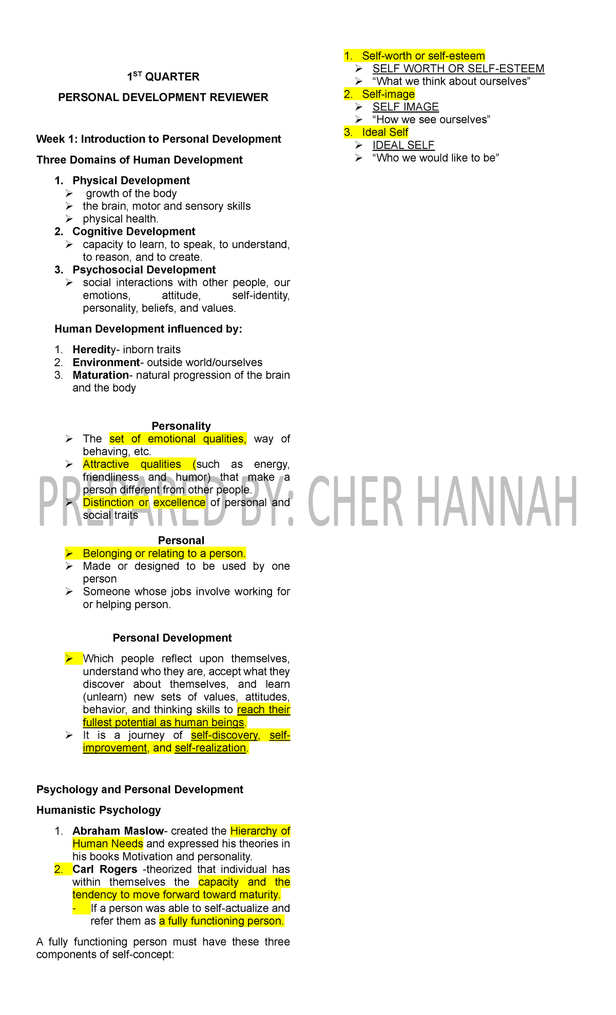 1ST Quarter Personal Development (PER DEV) Reviewer: Key Concepts and Stages - Studocu