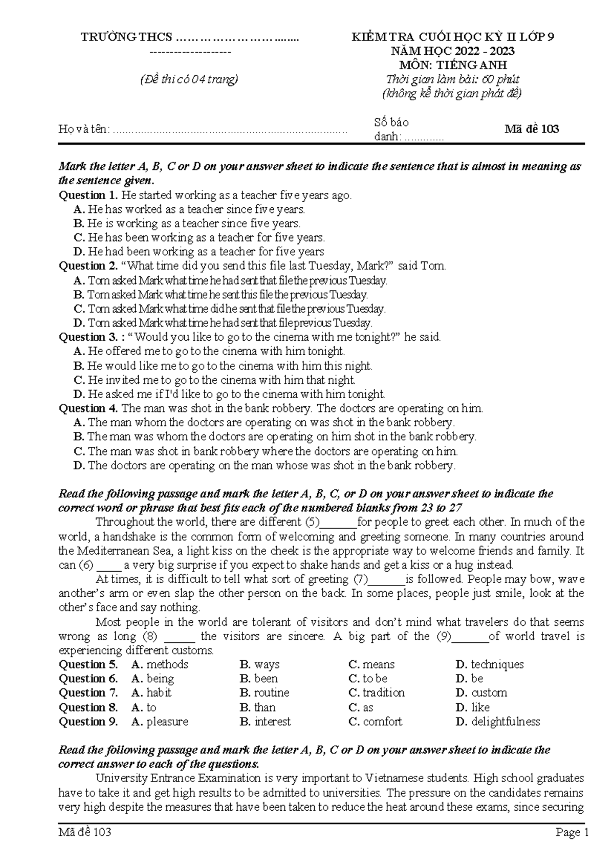 Ma de 103 - English Test - Edit - TRƯỜNG THCS ...