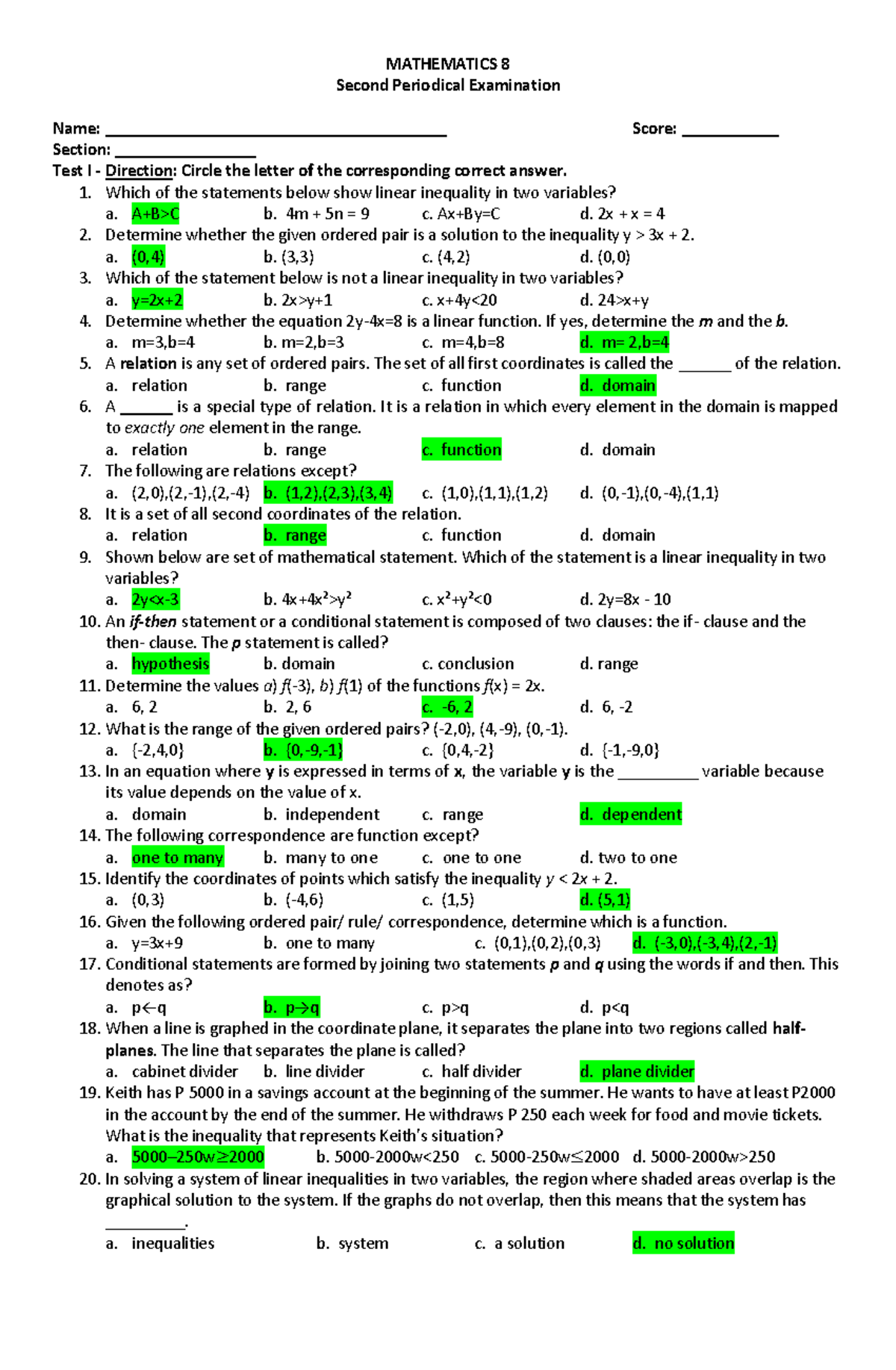 Math 8 2nd Exam Answer Key: In-Depth Solutions and Explanations - Studocu