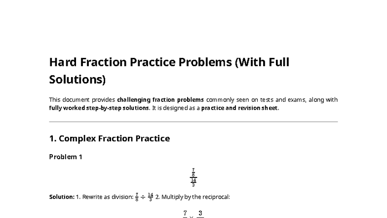 Hard Fraction Practice Problems (MATH 101) with Full Solutions - Studocu