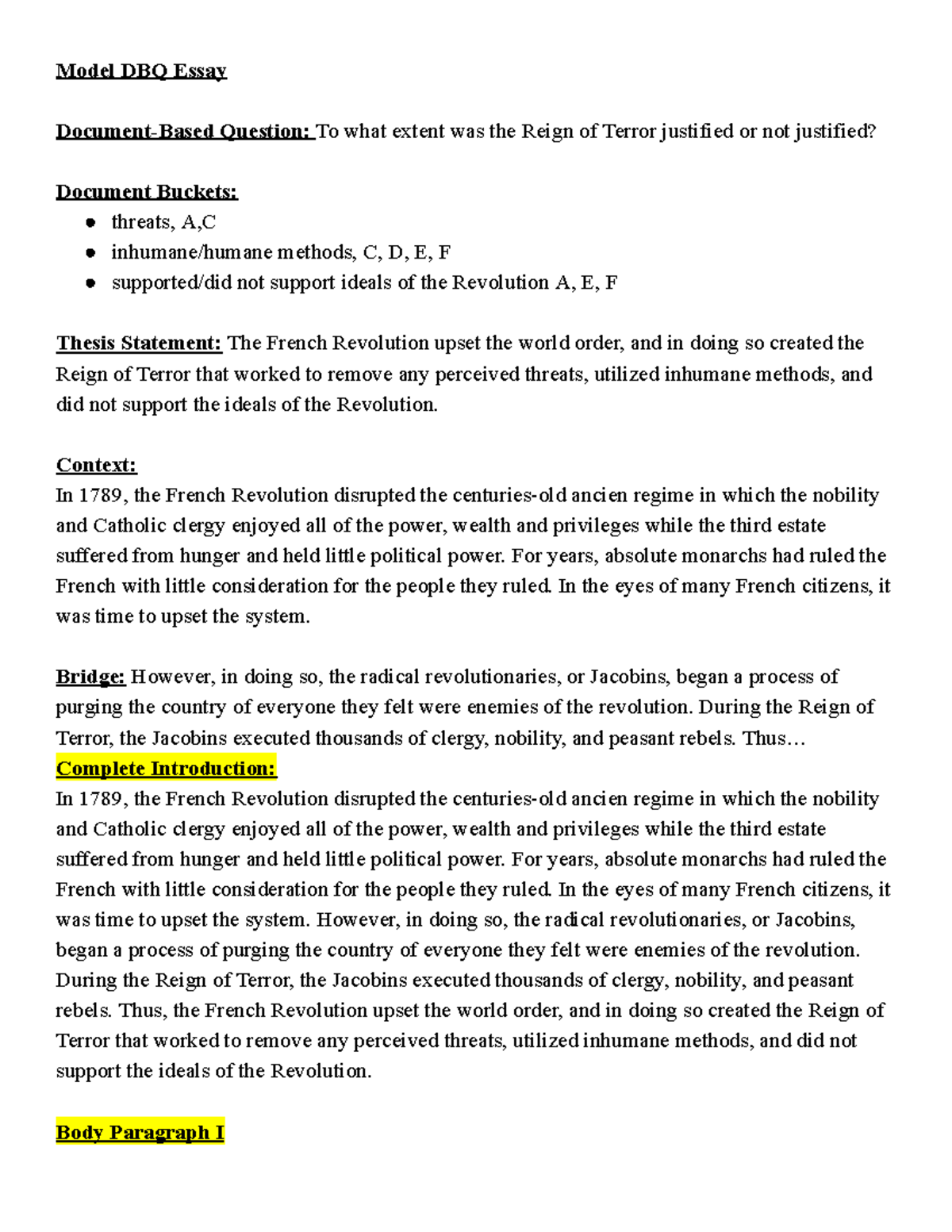 DBQ Essay on the Justification of the Reign of Terror: A Comprehensive ...