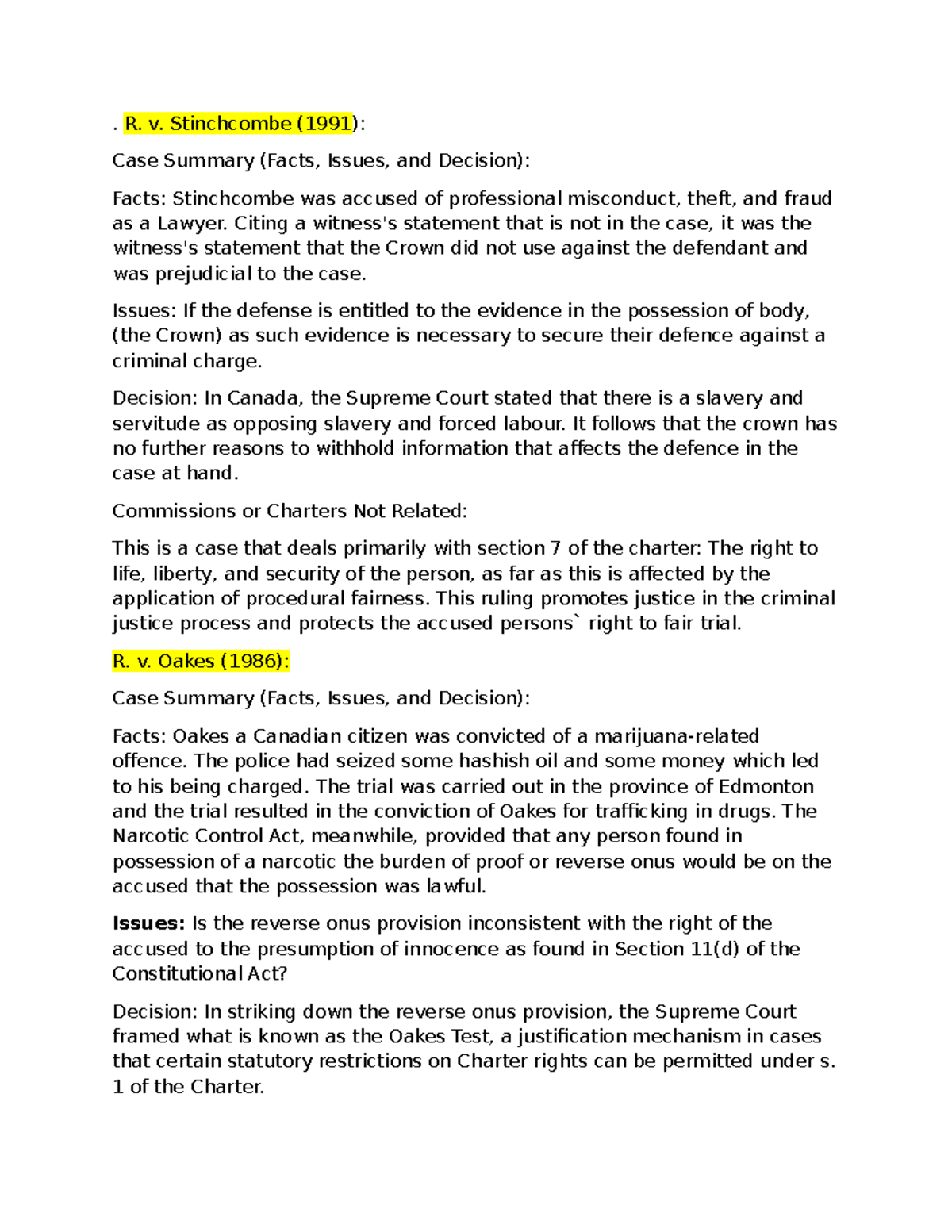 Presentation group Assignment CASE - . R. v. Stinchcombe (1991): Case ...