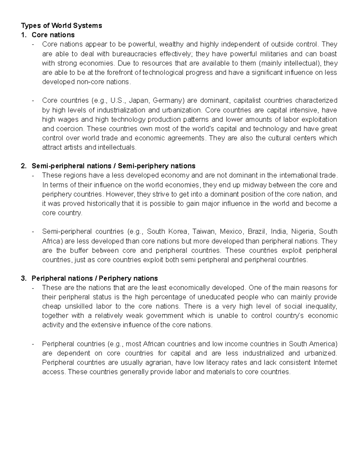 Types of World Systems - **Types of World Systems Core nations** ‐ Core ...