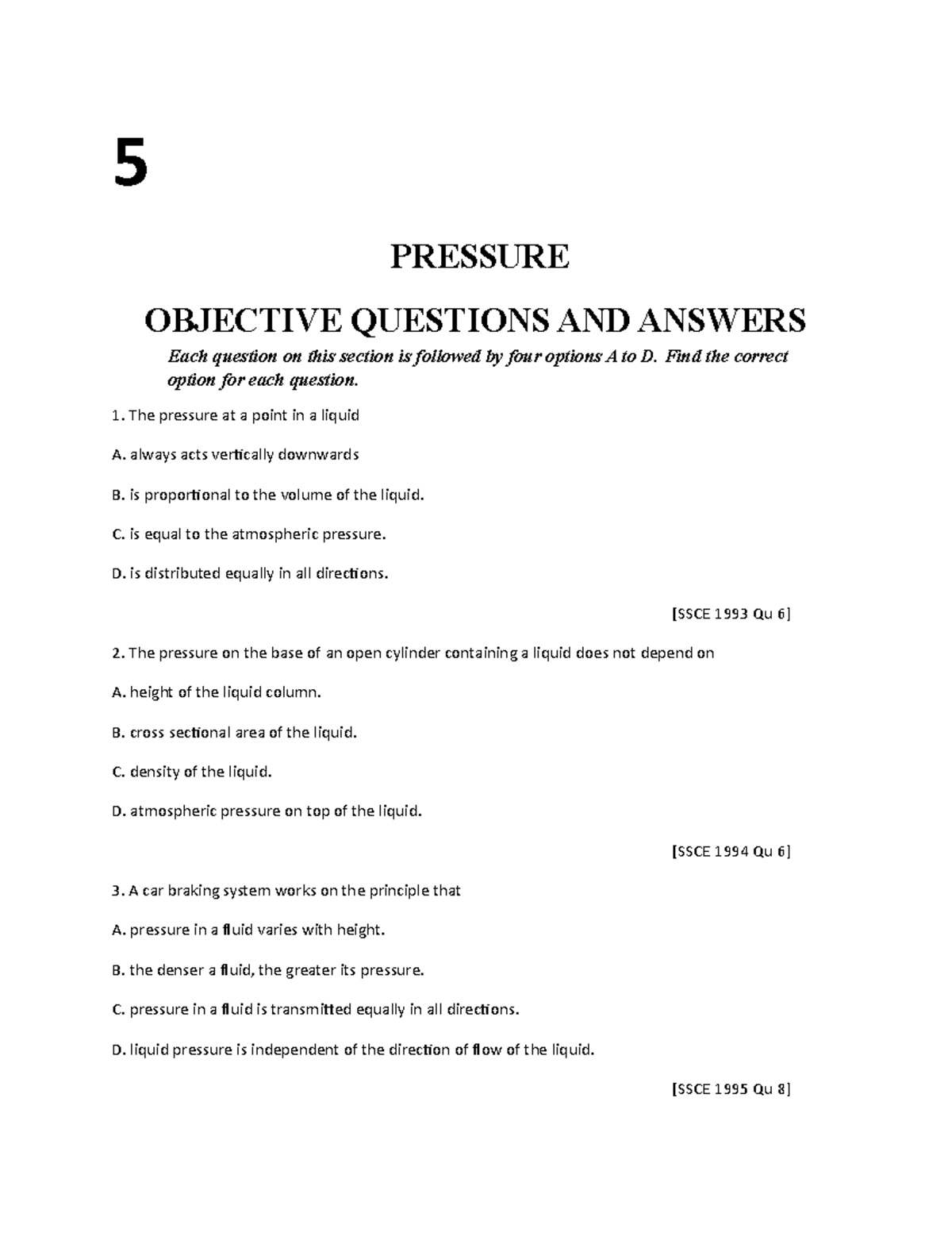 5 Pressure - Physics Assignments for a level 100 students. This is a ...
