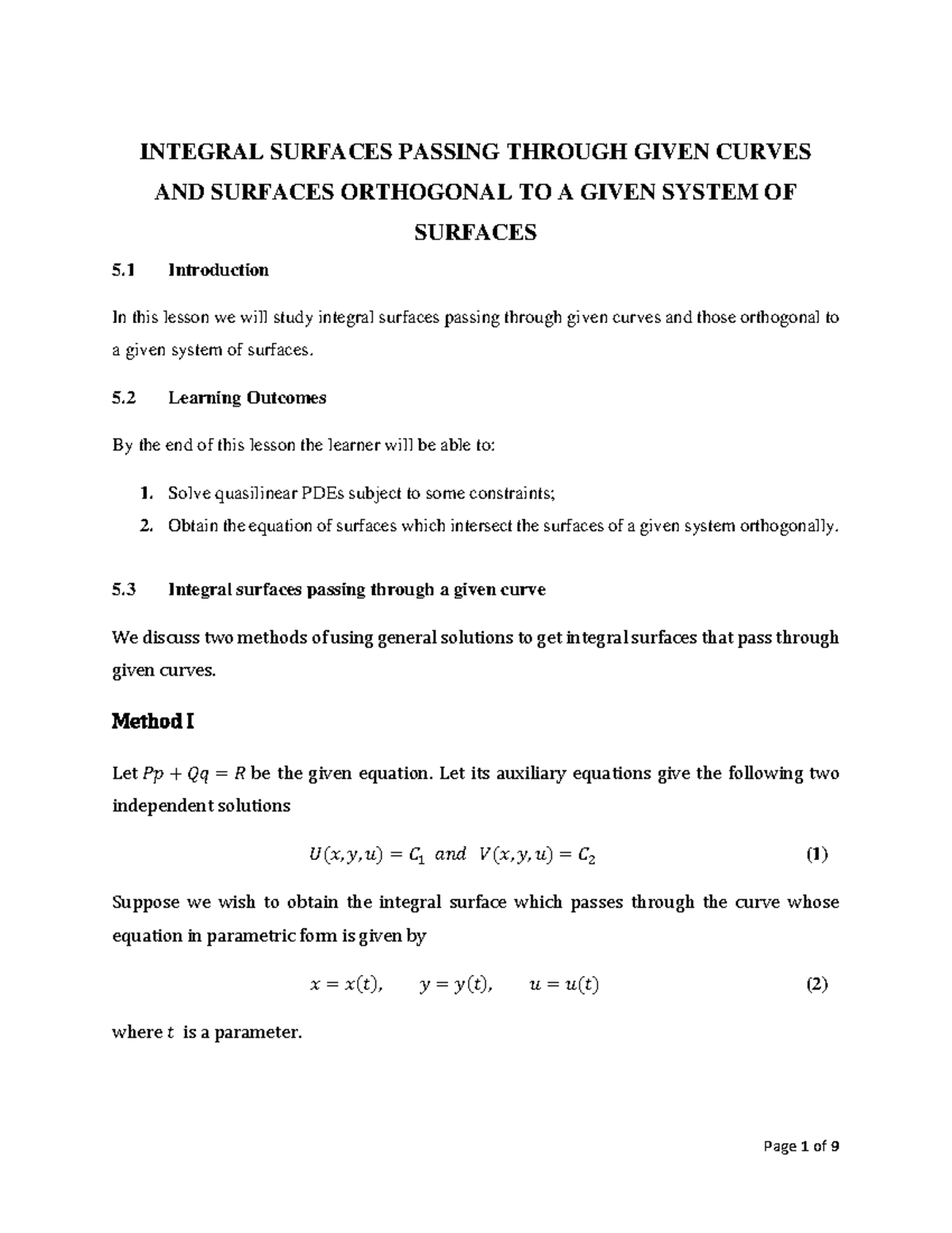 Lesson 5 Integral Surfaces and Orthogonal Surfaces in PDE I MAT 418 ...