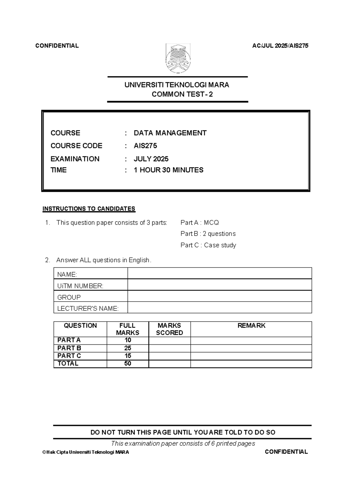CT AIS275 JULY 2025 - DATA MANAGEMENT EXAMINATION PAPER - Studocu