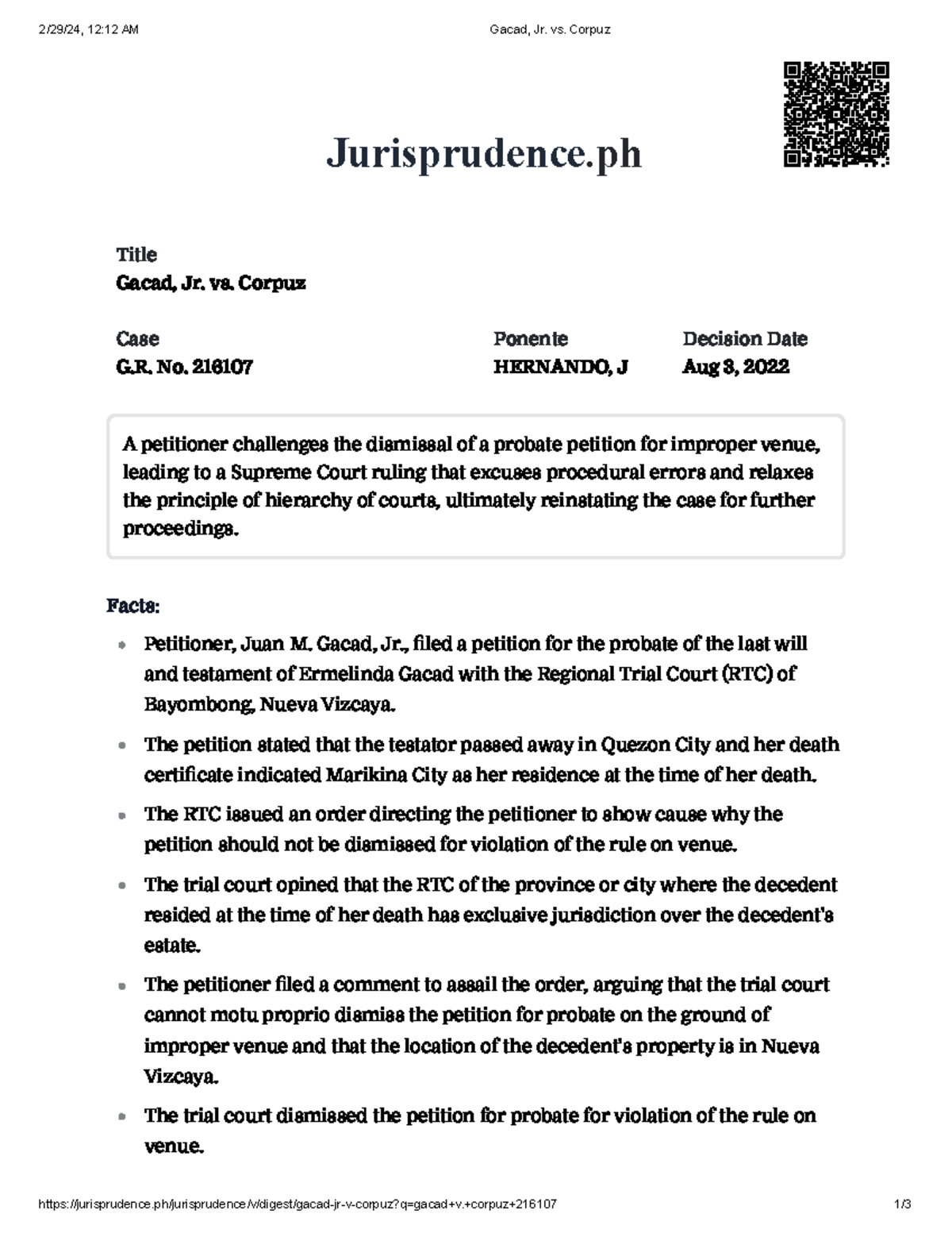 Gacad, Jr. vs. Corpuz (G.R. No. 216107): Case Digest Summary - Studocu