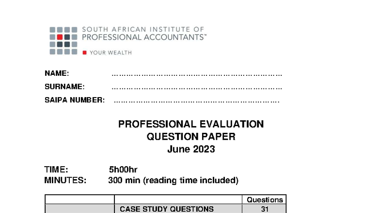 SAIPA Professional Evaluation Assessment - Case Study Questions June ...