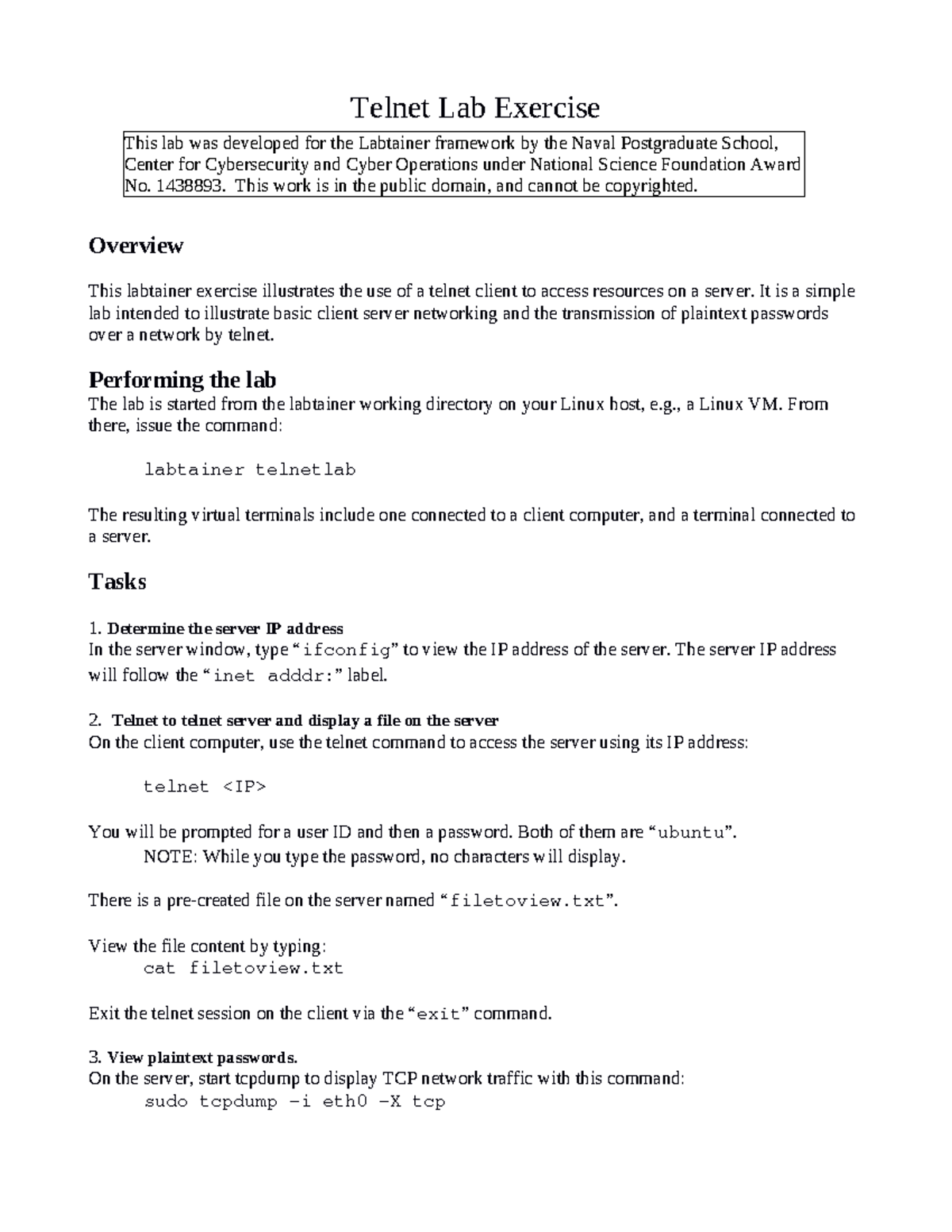 Telnet Lab Exercise for Networking Clients - Course Code LabTainer - Studocu