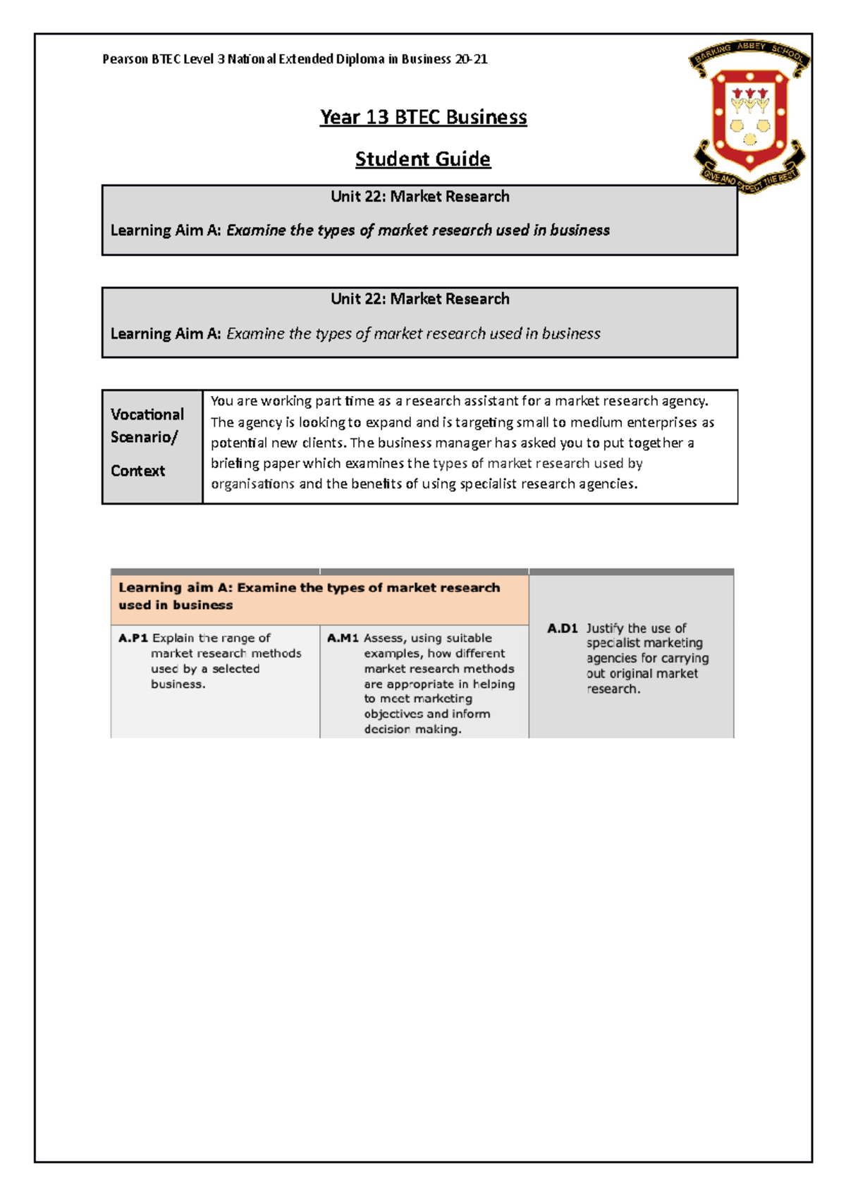 Unit 22: Business Market Research Guide - Learning Aim A (BTEC) - Studocu