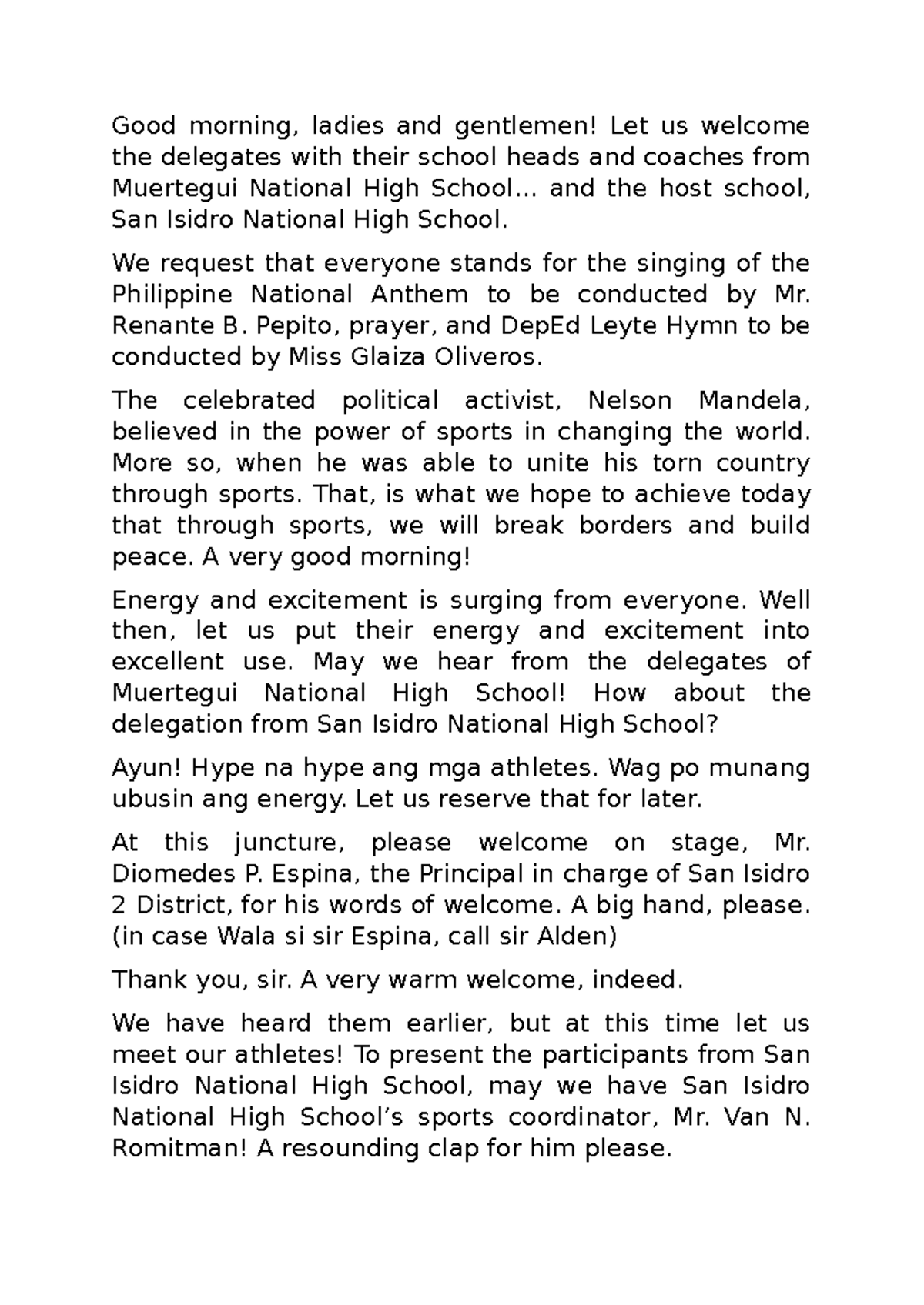 Municipal Meet 2023: Emcee Script for Opening Ceremony - Studocu