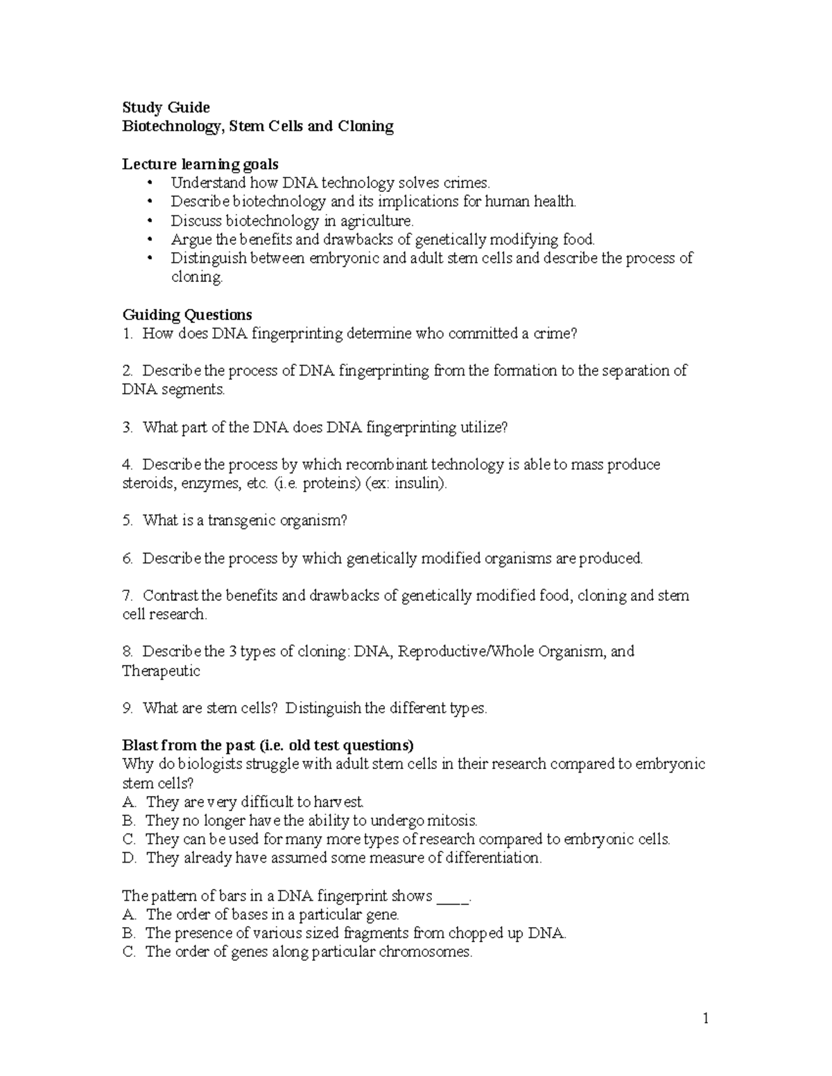 Study Guide: Biotechnology, Stem Cells and Cloning - Studocu