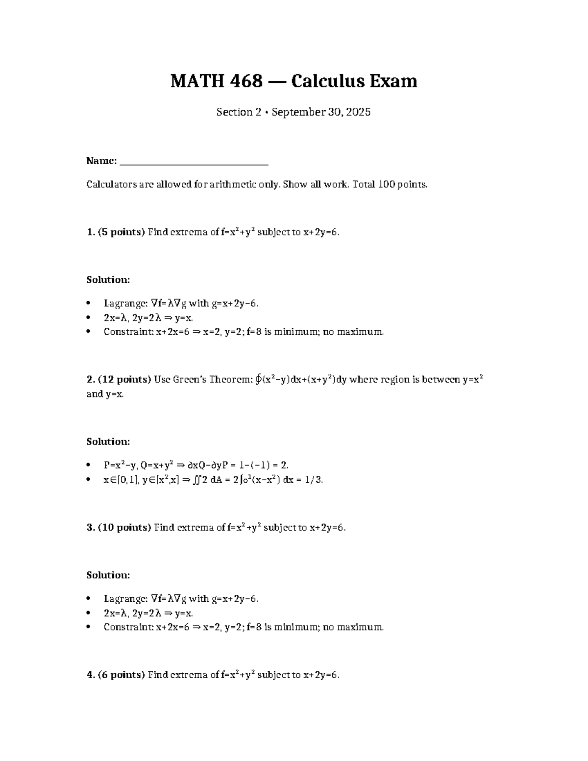 MATH 468 Calculus Exam Solutions - September 30, 2025 - Studocu