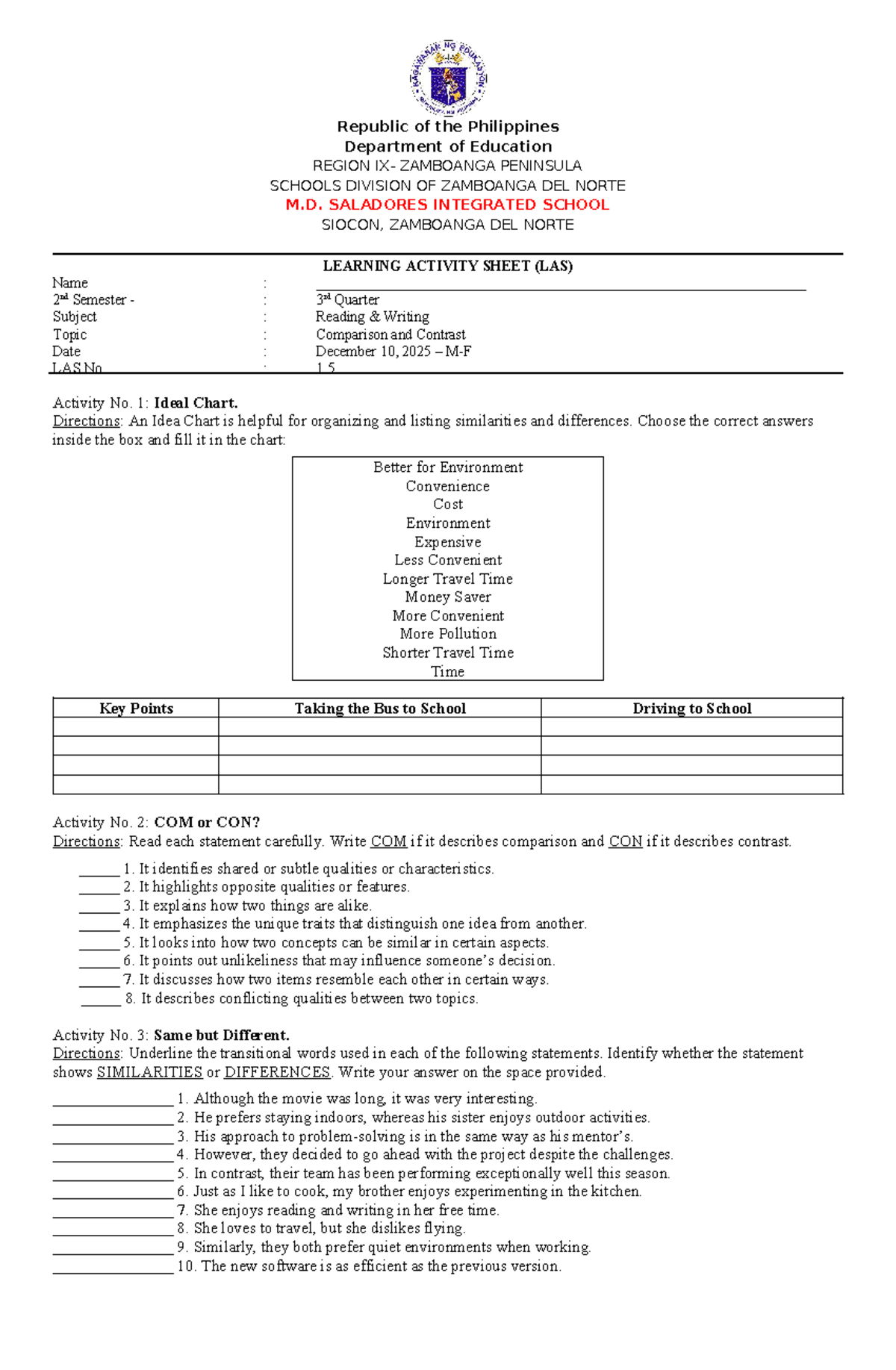LAS 5 - 3rd Quarter Reading & Writing: Comparison and Contrast ...