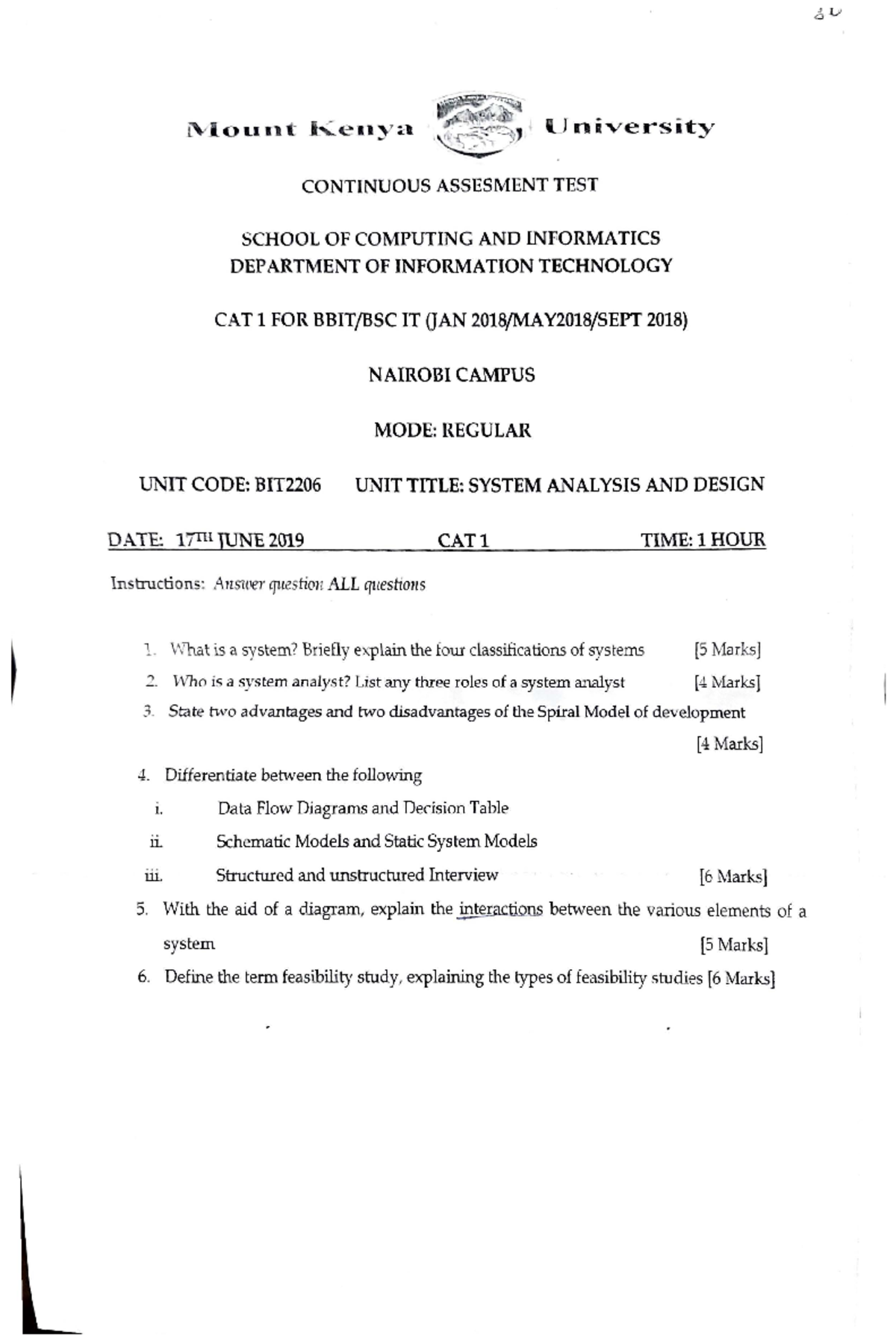 BIT2206 System Analysis and Design CAT 1 Questions (Jan 2018-Sept 2018 ...