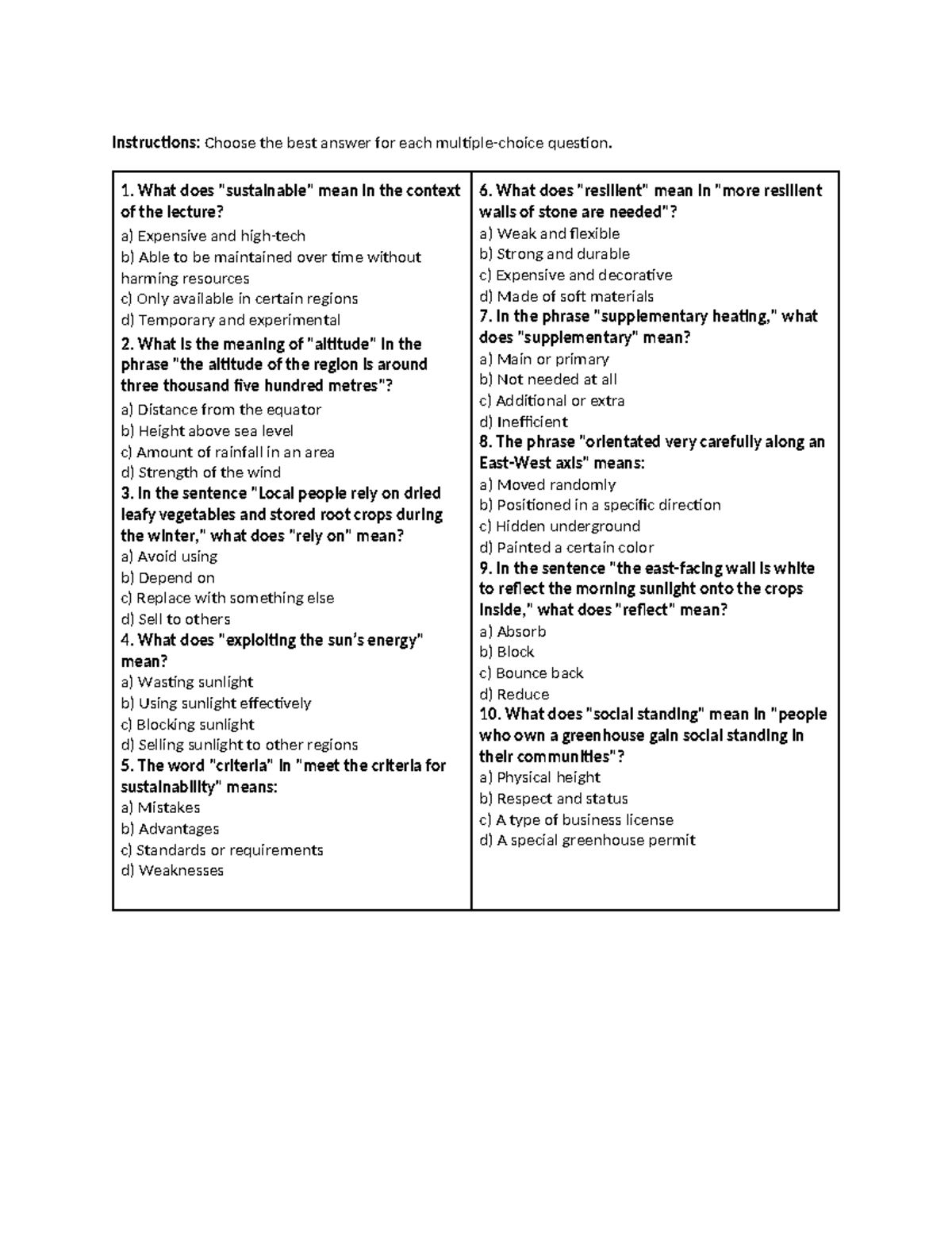 Sustainable Greenhouse Vocabulary Quiz Instructions - Studocu