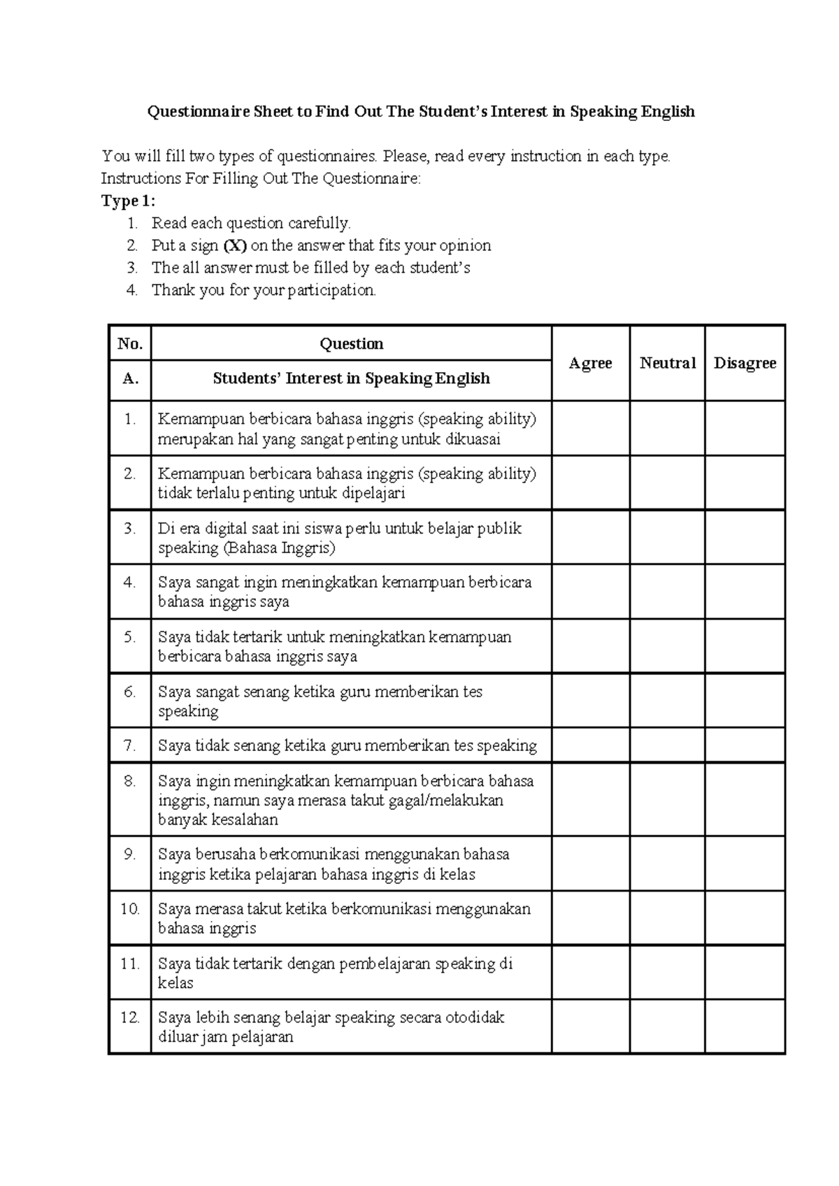 Questionnaire on Interest in English Speaking Skills - SL Quantitative ...