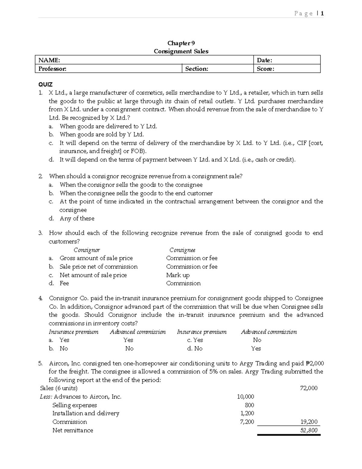 Quiz: Chapter 9 - Consignment Sales (Course Code: 2021) - Studocu