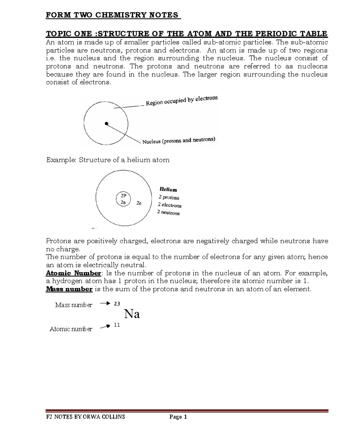 F2 Chemistry Notes: Structure of the Atom & Periodic Table - Studocu