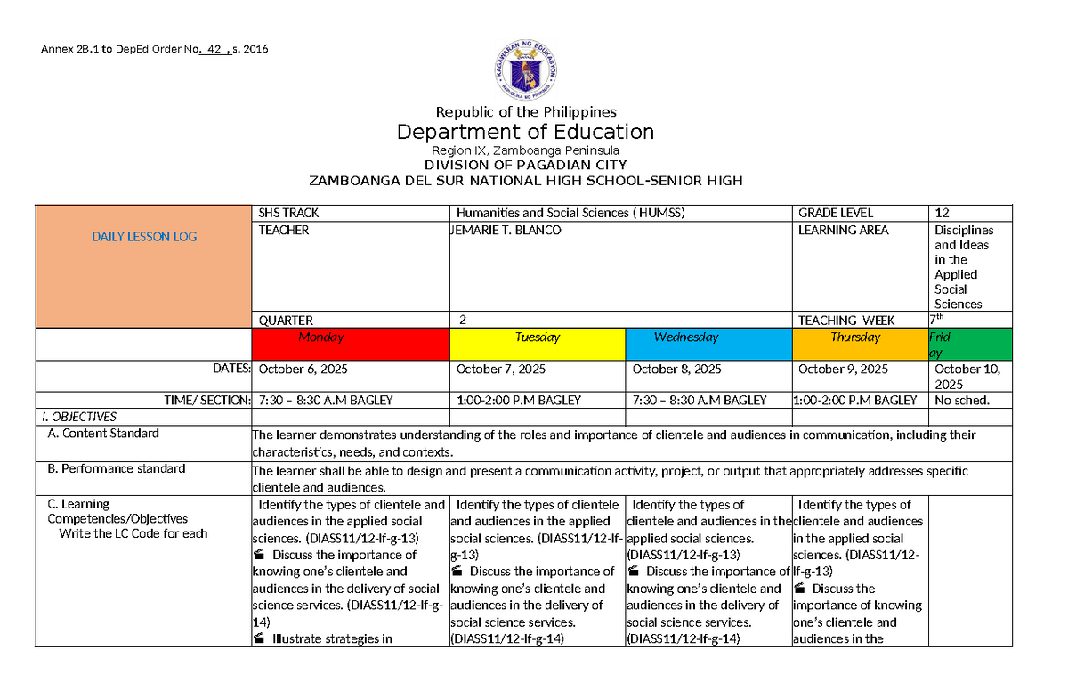 DLL WEEK 7-Q2: Daily Lesson Log for HUMSS - October 2025 - Studocu