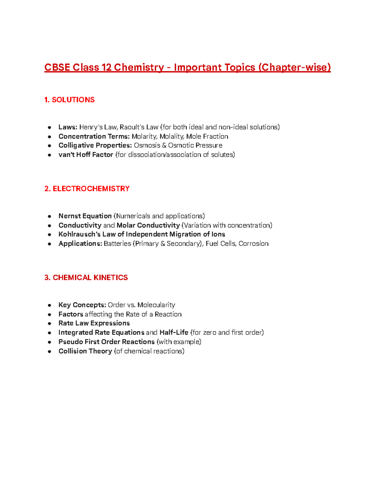 CBSE Class 12 Chemistry Important Topics Chapter-wise Overview - Studocu