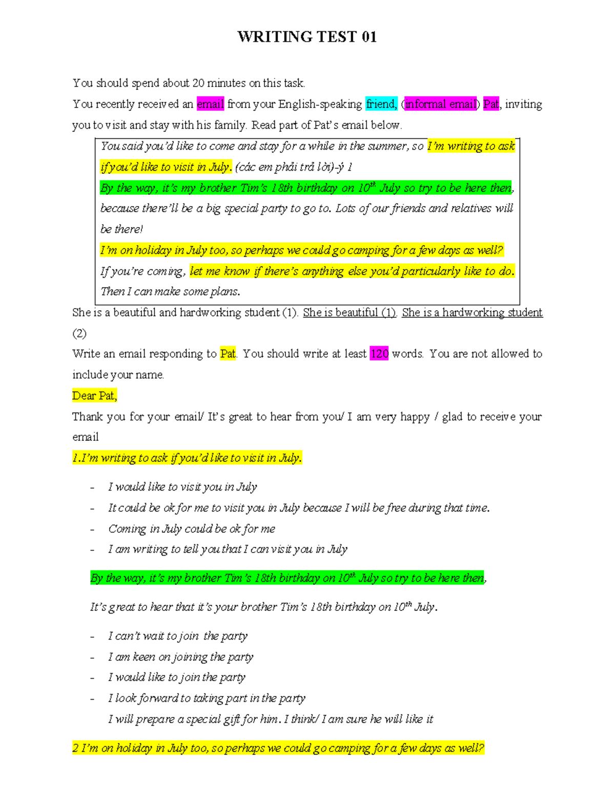 WRITING TEST 01: Informal Email Response to Pat's Invitation - Studocu
